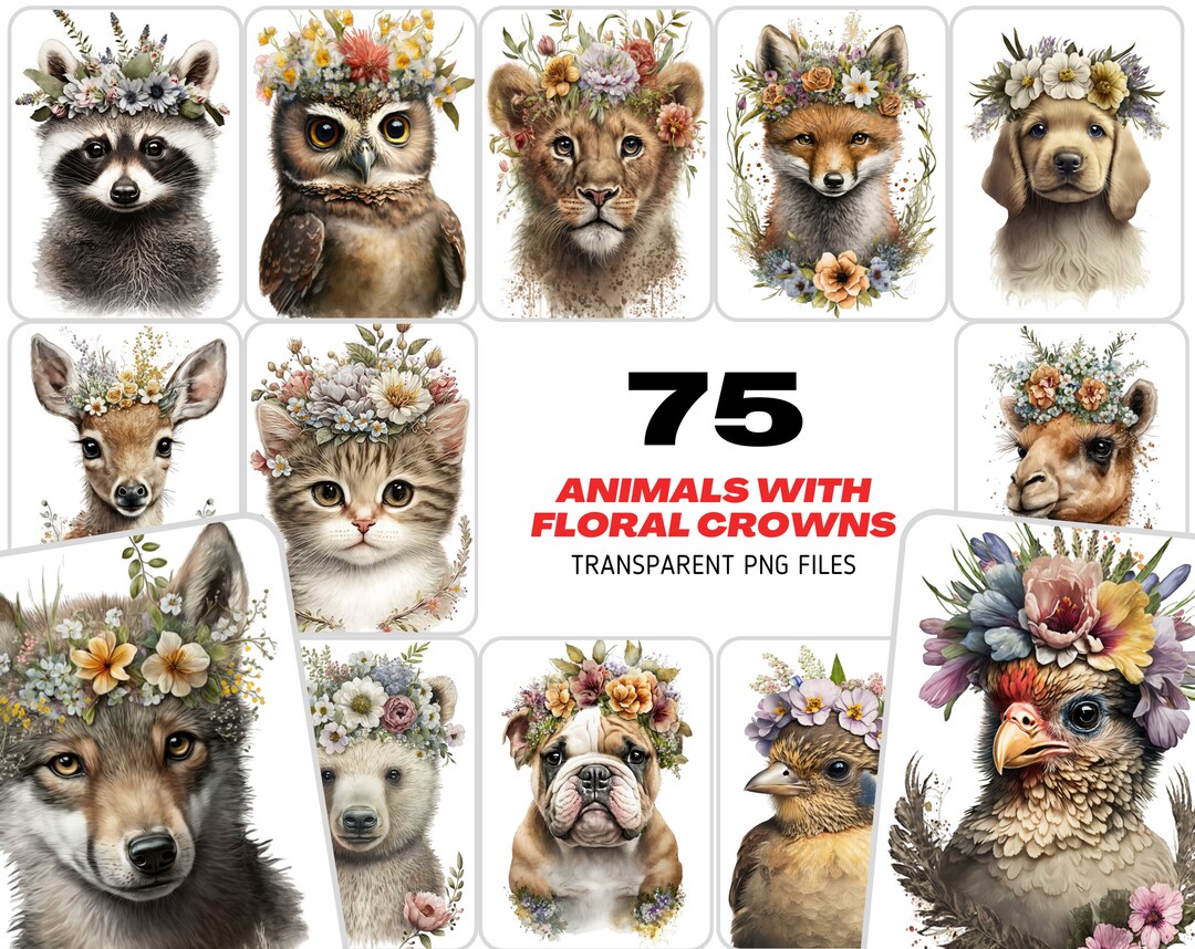 Floral-crowned Animals. Baby Room Wall Art. Transparent PNG Watercolor ...