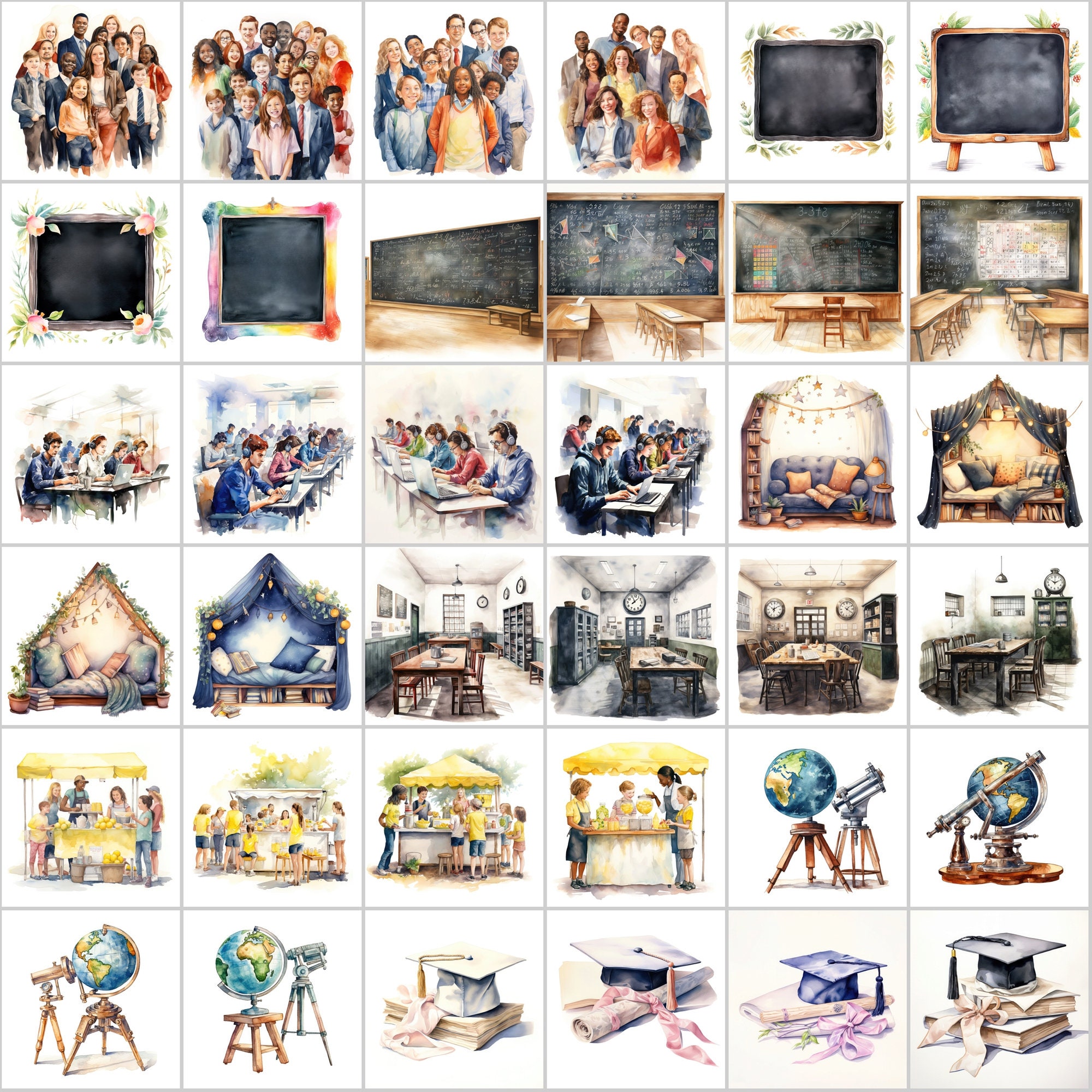 385 School-themed Watercolor Clipart: Perfect for Teachers, Small ...