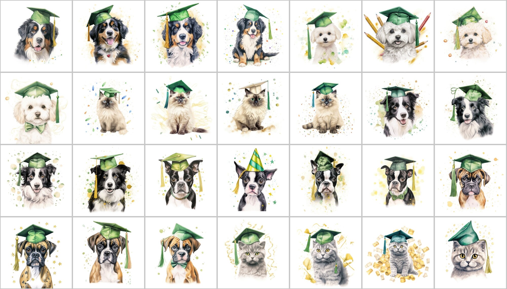 Watercolour Graduation Dogs and Cats Illustrations - Etsy