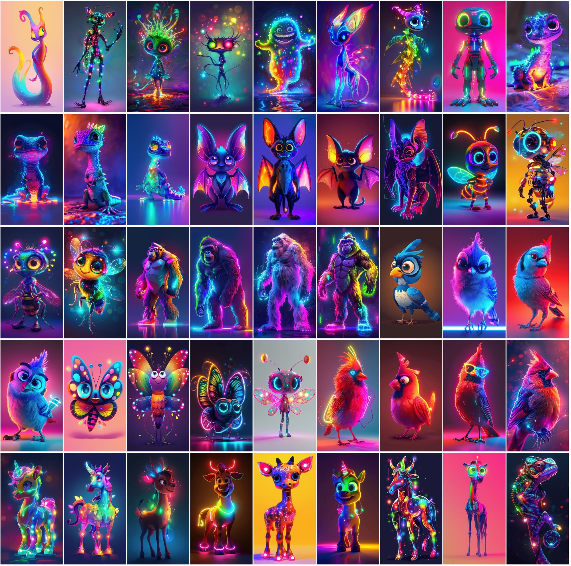 Neon Characters and Animals Collection 400 Colorful JPG Images With ...