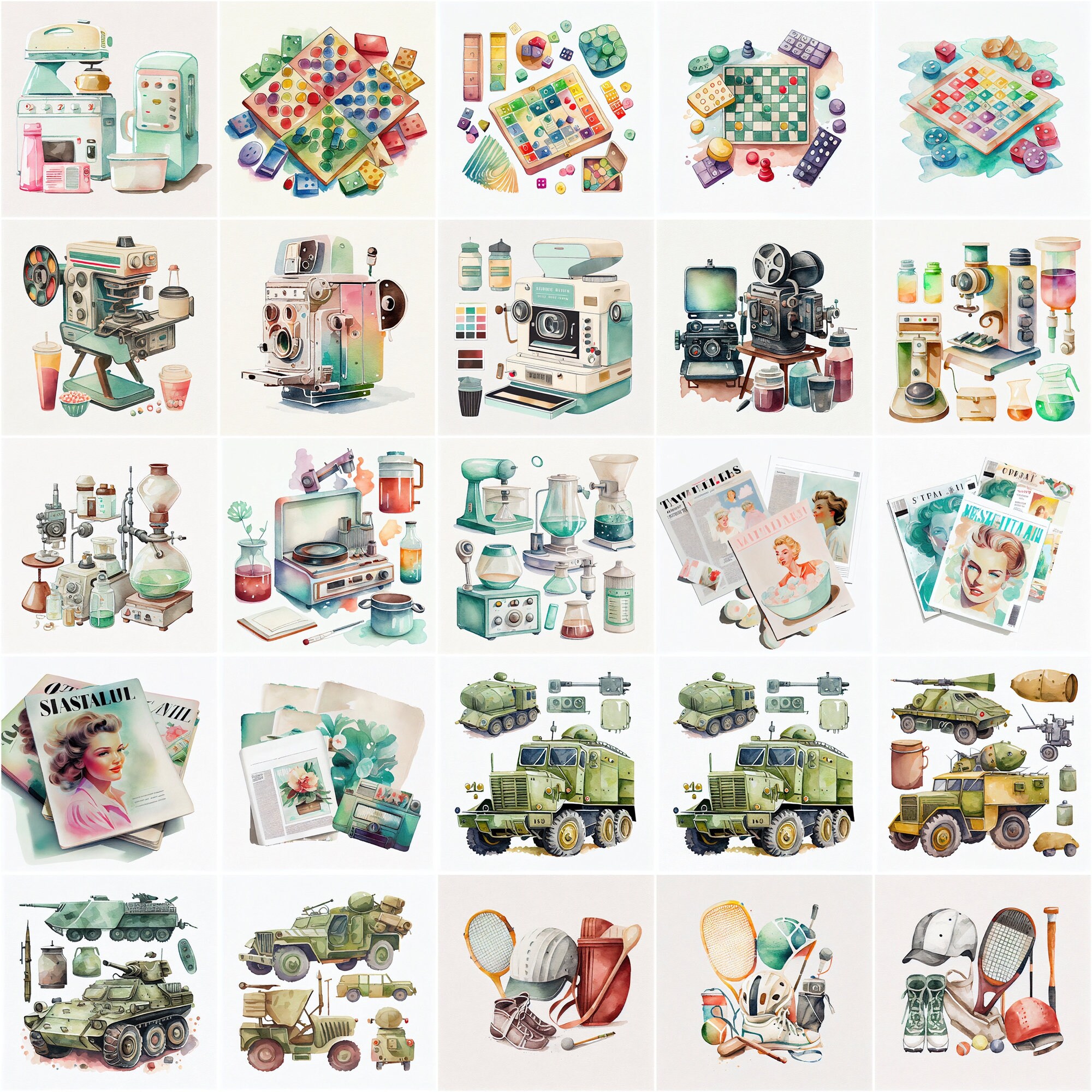 198 Retro Watercolor Clipart Images: Vintage PNG Bundle - Etsy