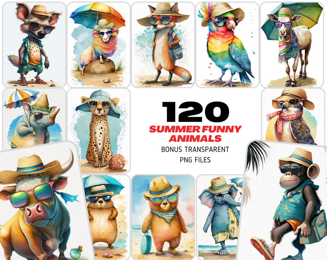 Whimsical Summer Animals Clipart Bundle - 120 Cute Animal Images With Sunglasses & Beach Outfits ...