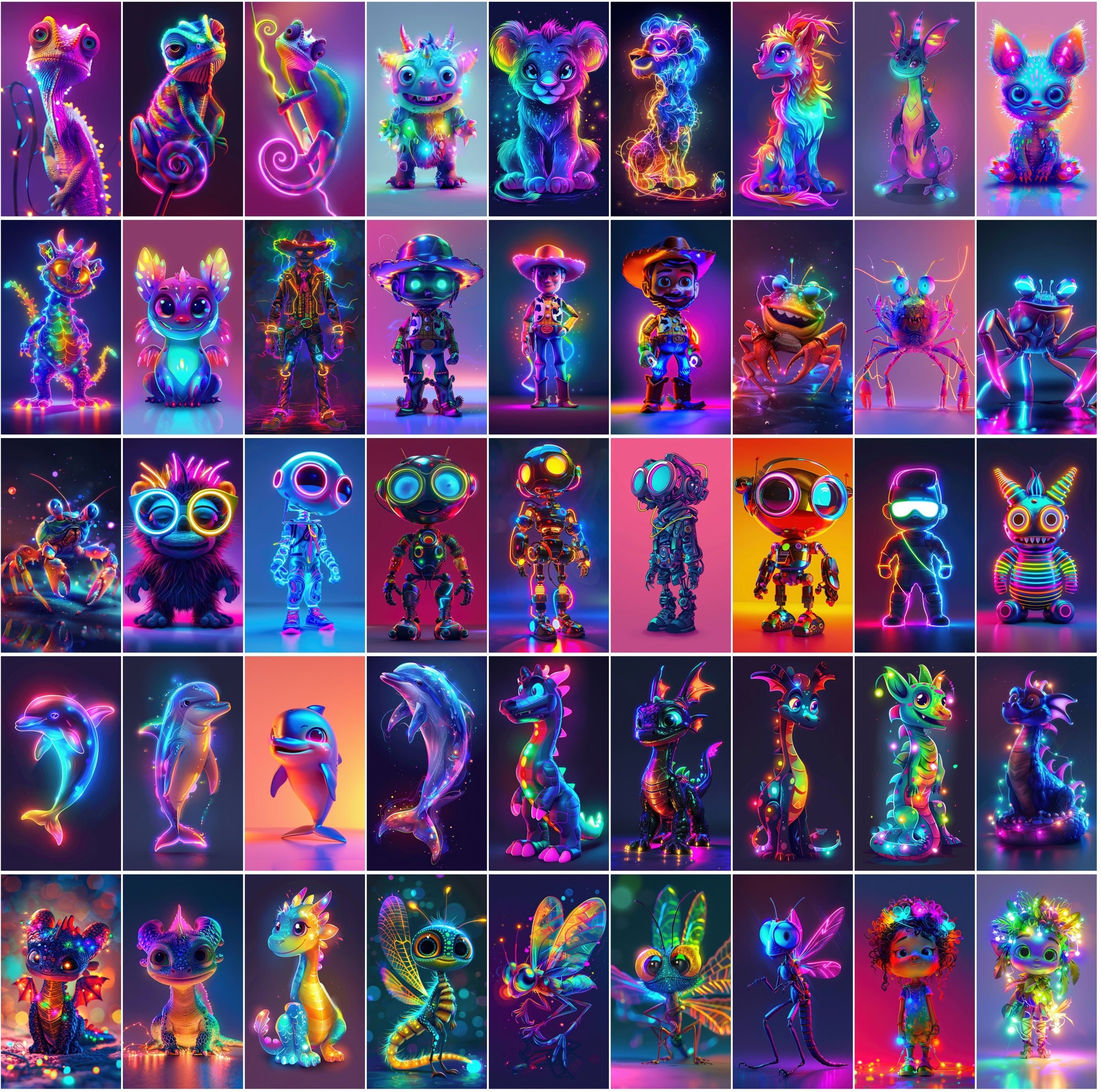 Neon Characters and Animals Collection 400 Colorful JPG Images With ...