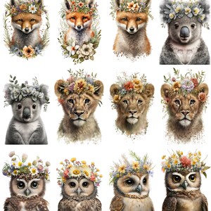 Floral-crowned Animals. Baby Room Wall Art. Transparent PNG Watercolor ...