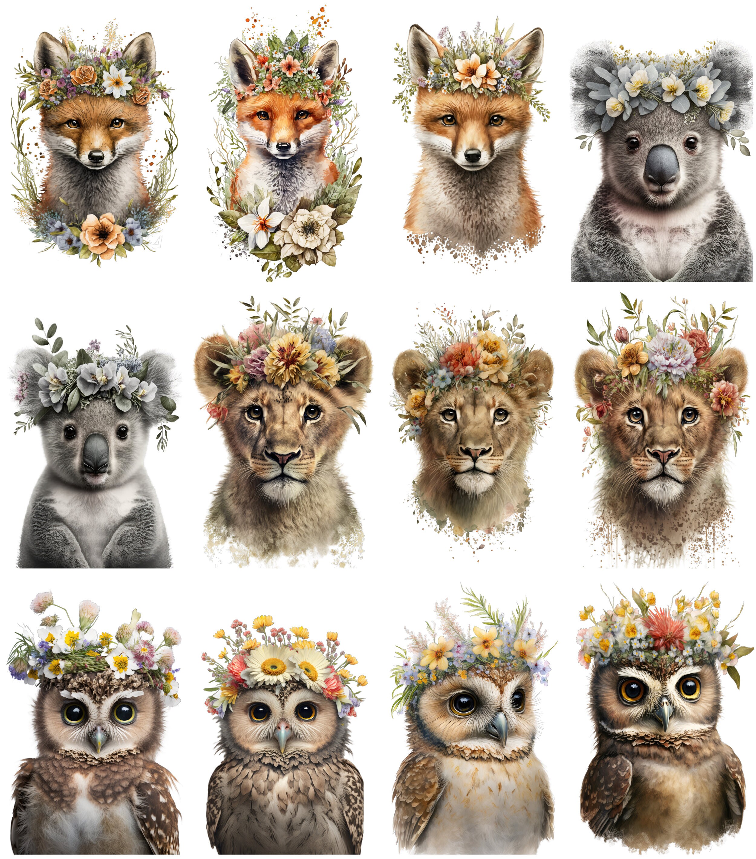 Floral-crowned Animals. Baby Room Wall Art. Transparent PNG - Etsy