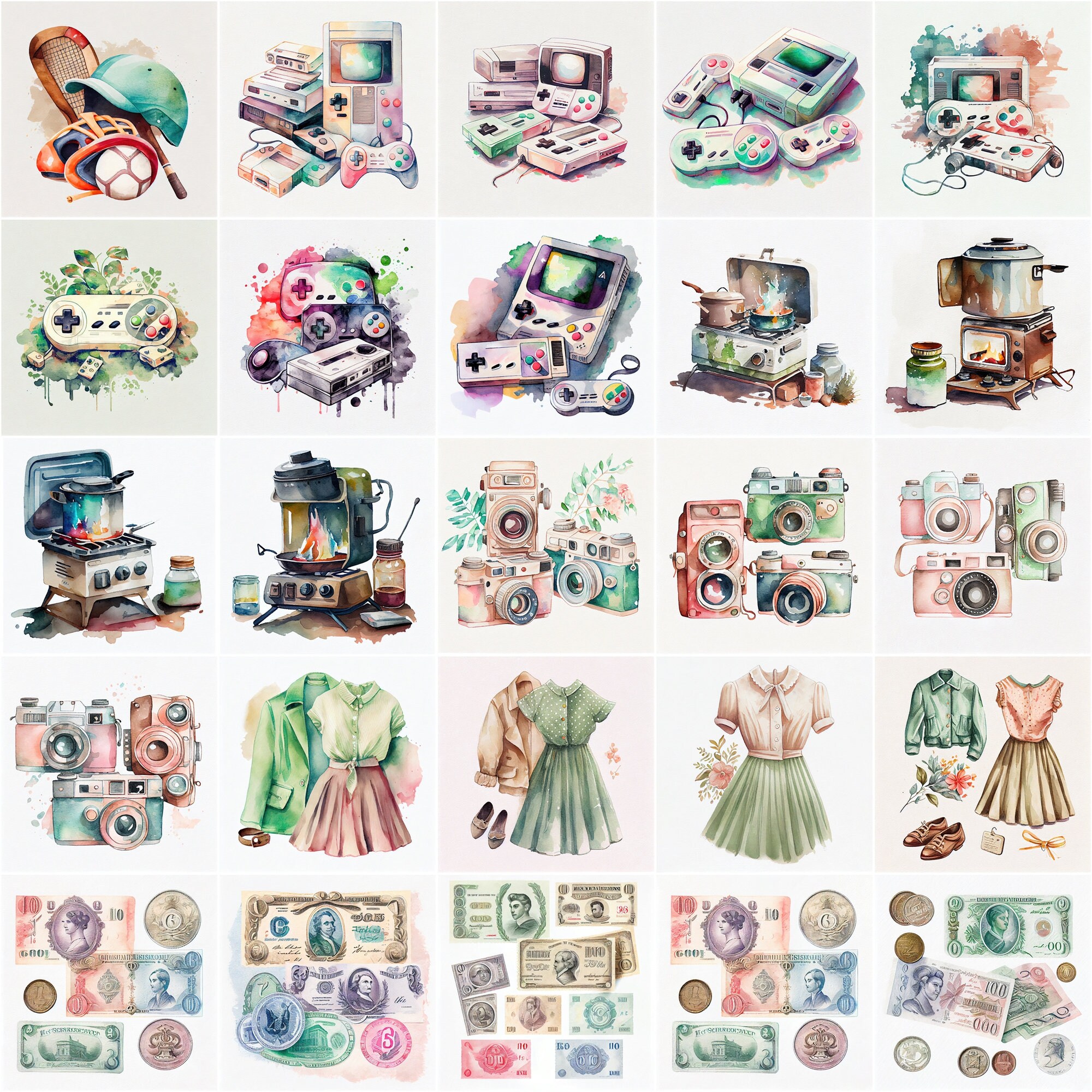 198 Retro Watercolor Clipart Images: Vintage PNG Bundle - Etsy