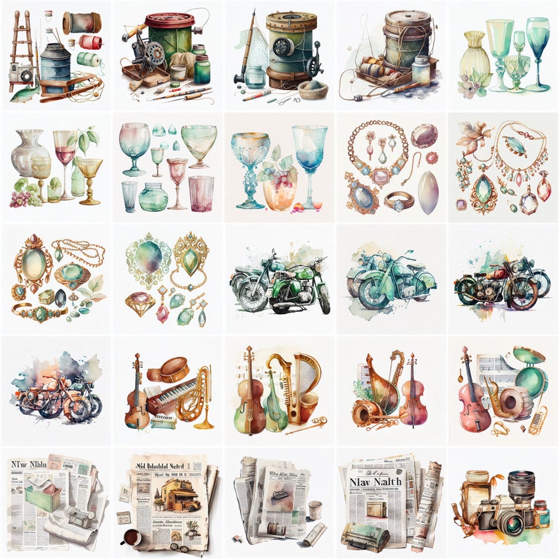 198 Retro Watercolor Clipart Images: Vintage PNG Bundle - Etsy
