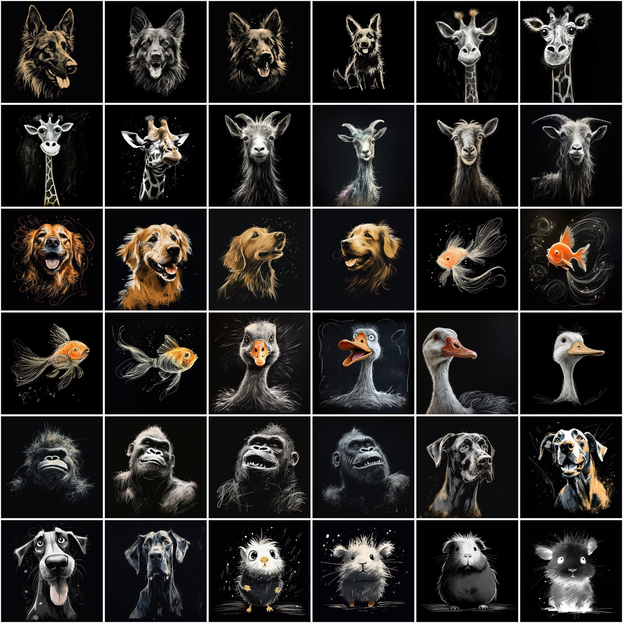 500 Chalk Animal Illustrations - High-resolution JPG, Commercial ...