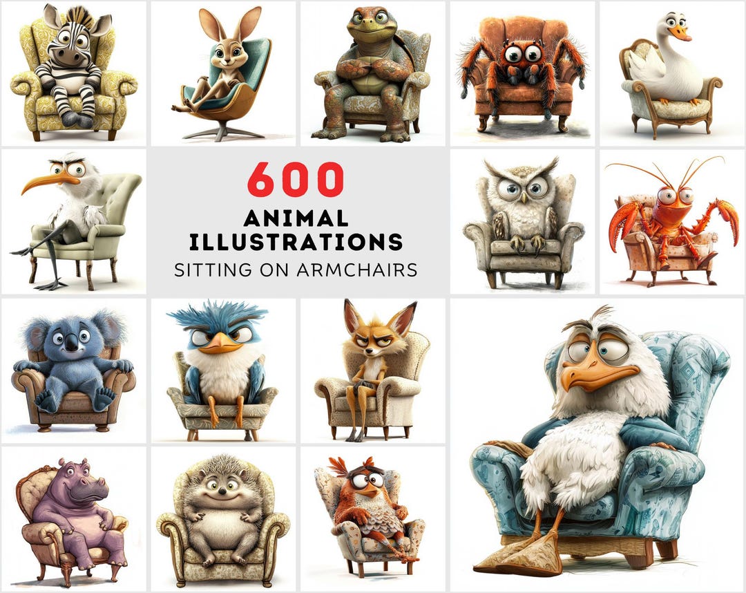 600 Fun Animal Illustrations Sitting on Armchairs - Etsy
