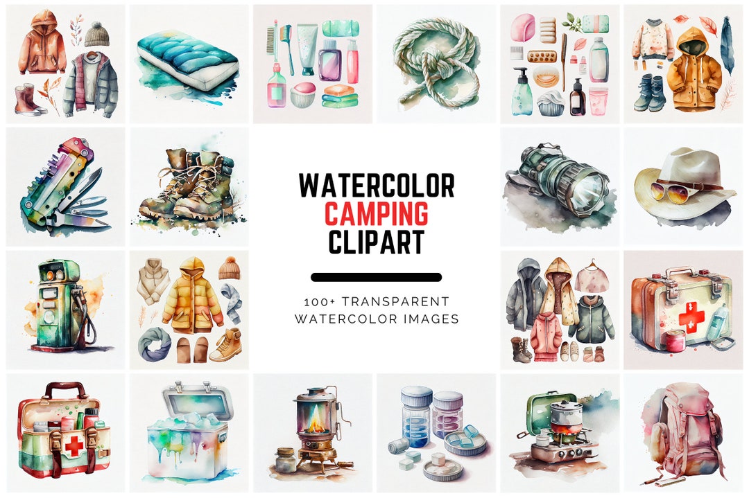 Watercolor Camping Clipart Bundle: Transparent PNG Images (commercial ...