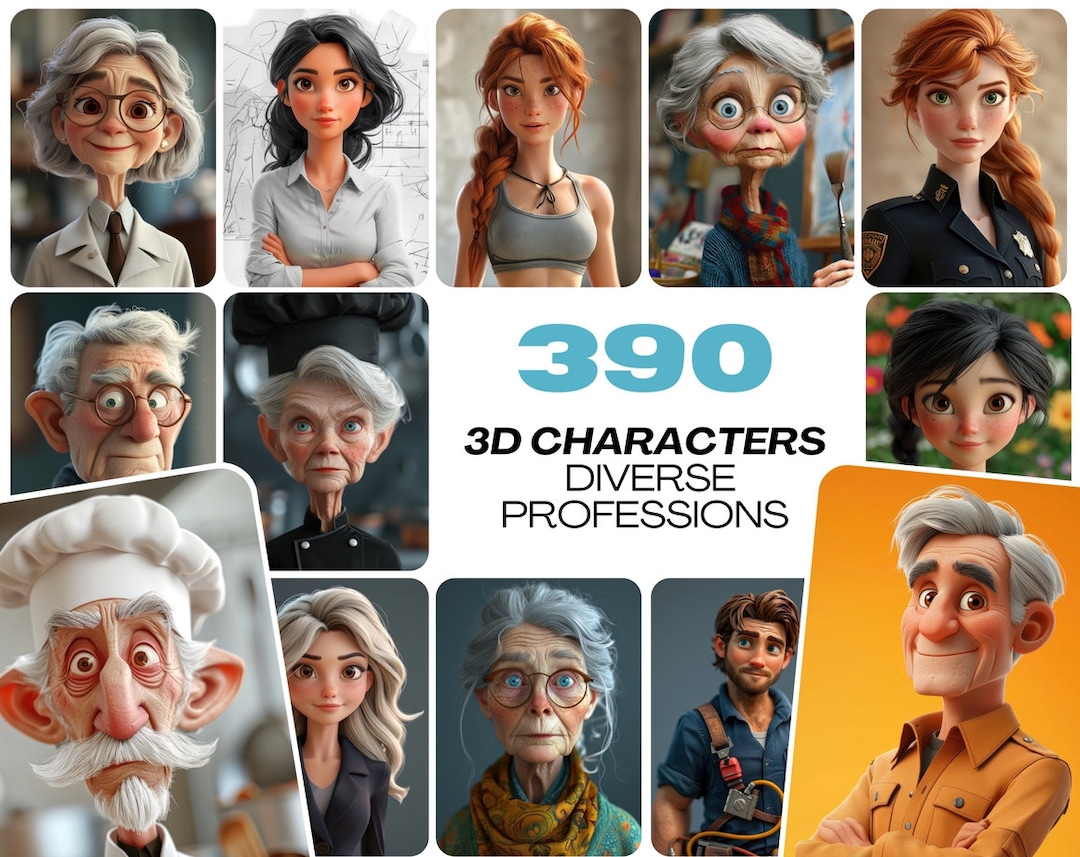 390 Unique 3D Character Images - Diverse Professions - High-resolution ...