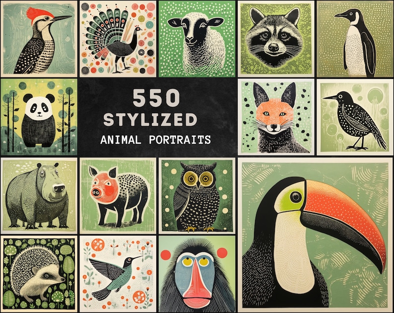 550 Stylized Animal Portraits, Green-themed Colorful Digital Artwork ...