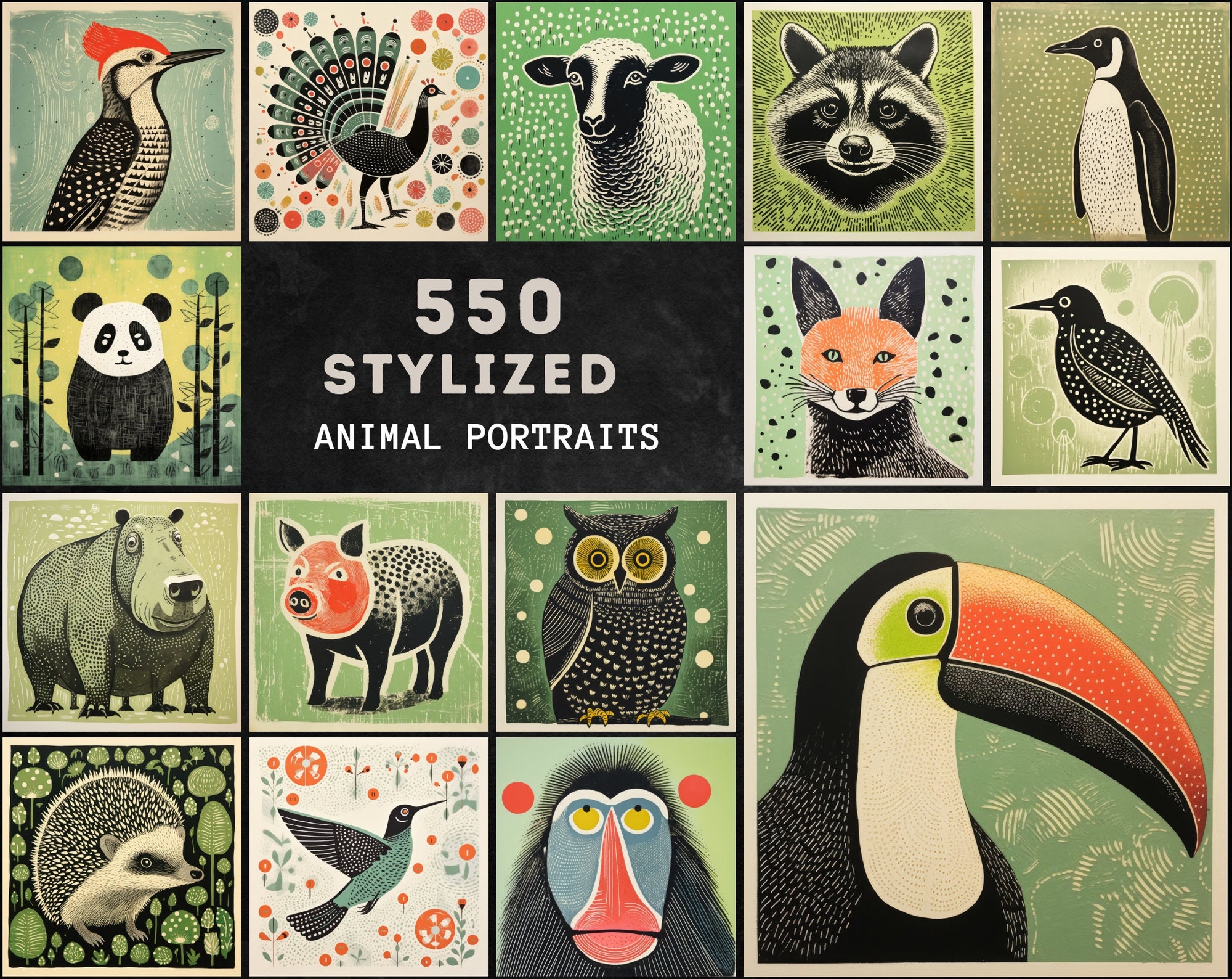 550 Stylized Animal Portraits, Green-themed Colorful Digital Artwork ...