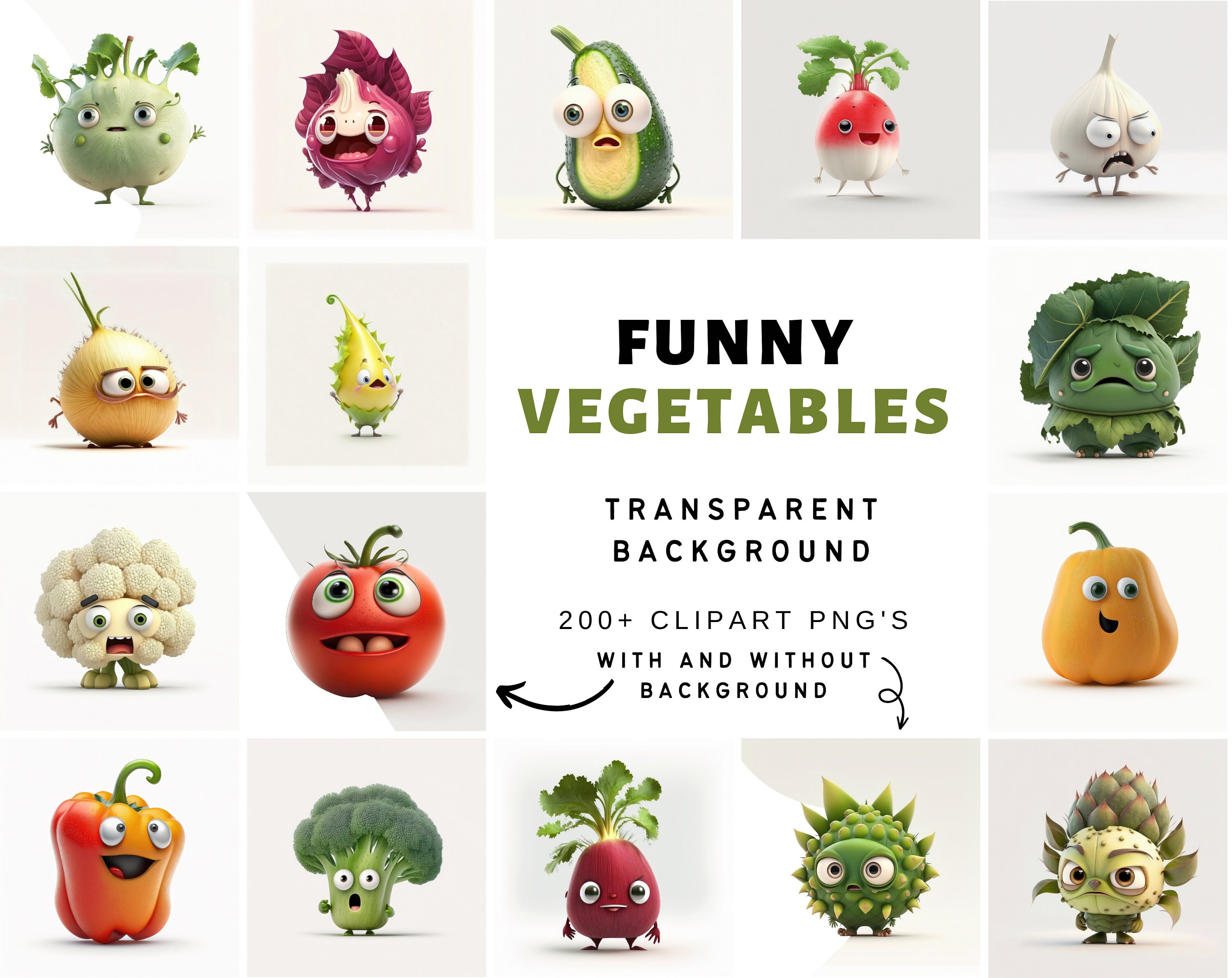 Bundle of 200 Funny Vegetable Images With No Background and Shadow ...