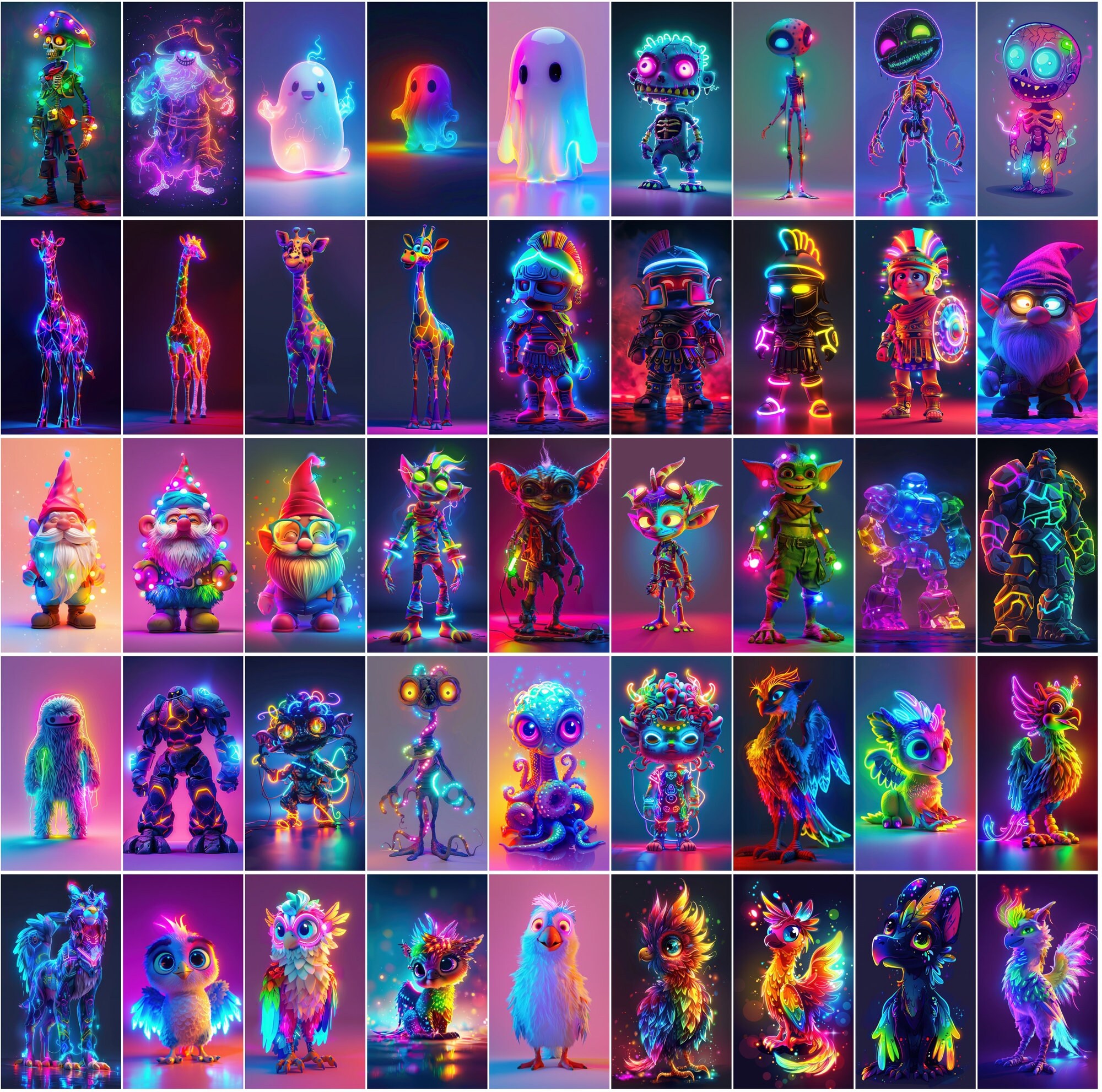 Neon Characters and Animals Collection 400 Colorful JPG Images With ...