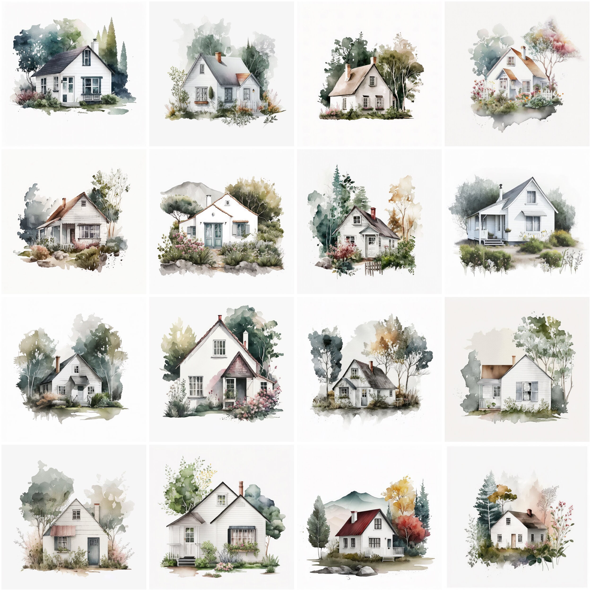 Watercolor Cottage Bundle: 60 Minimalist Cottage Images for Rustic Home ...