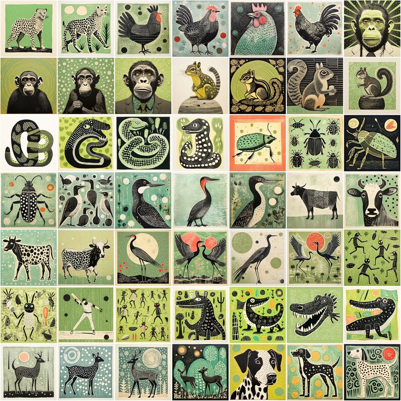 550 Stylized Animal Portraits, Green-themed Colorful Digital Artwork ...