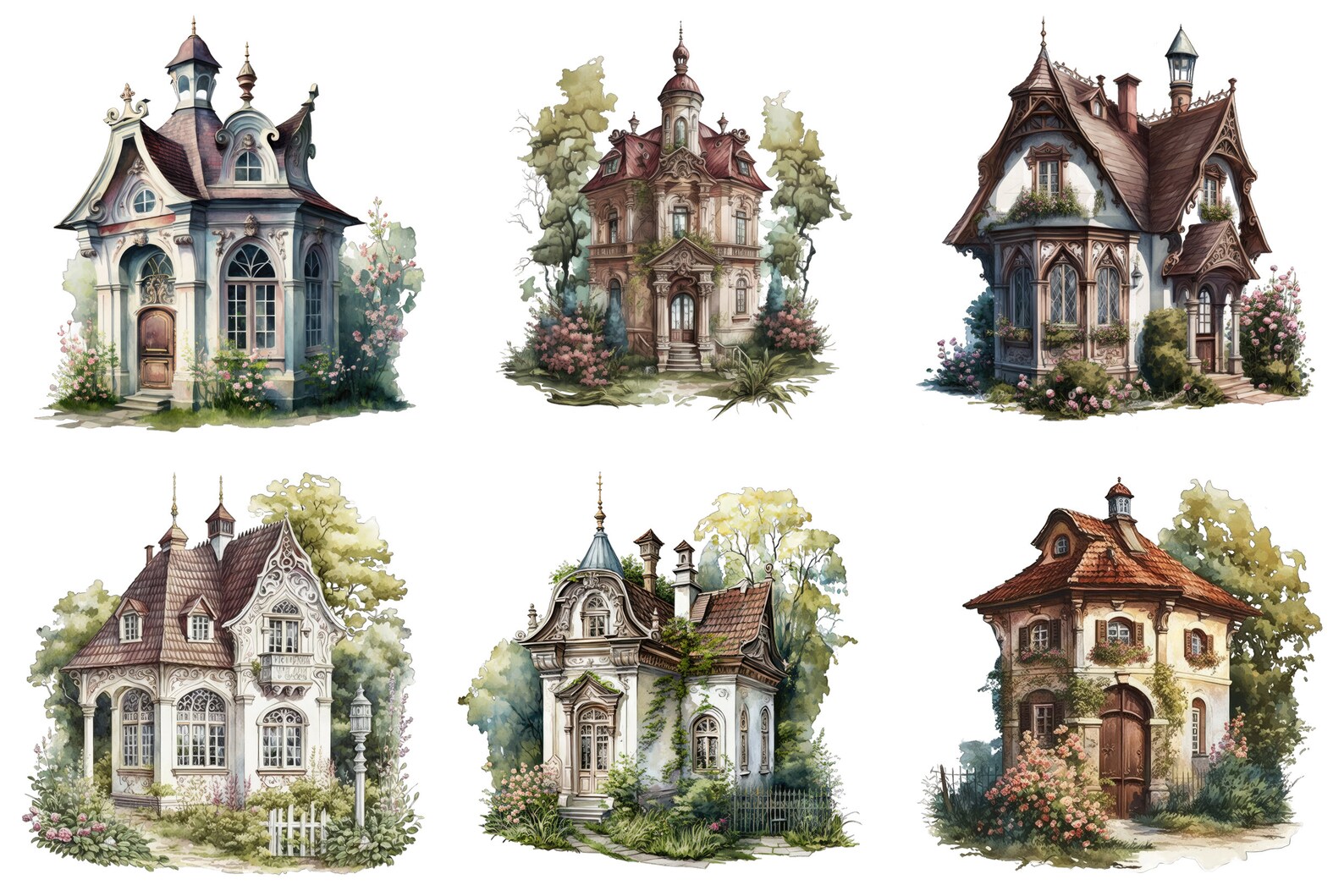 Elegant Baroque Cottage Watercolor Set - 65 Transparent Images for Your ...