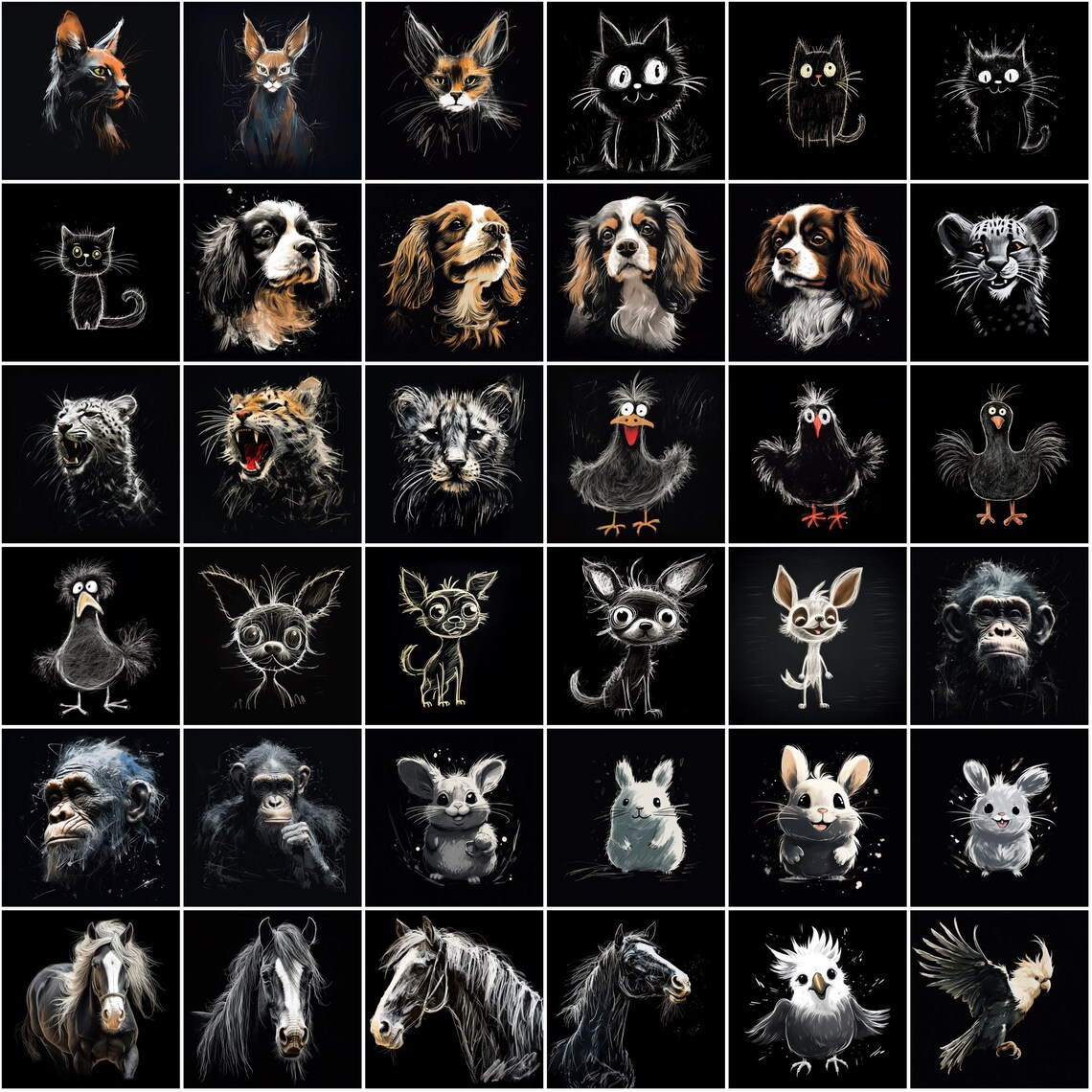 500 Chalk Animal Illustrations - High-resolution JPG, Commercial ...