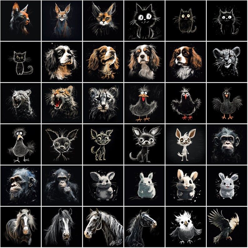 500 Chalk Animal Illustrations - High-resolution JPG, Commercial ...