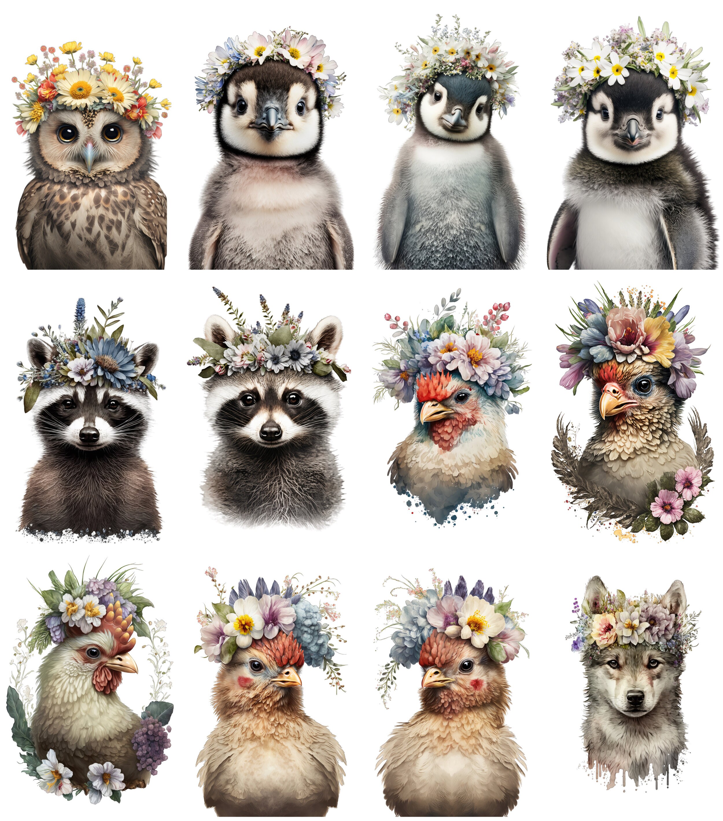 Floral-crowned Animals. Baby Room Wall Art. Transparent PNG - Etsy
