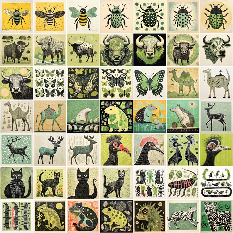 550 Stylized Animal Portraits, Green-themed Colorful Digital Artwork ...