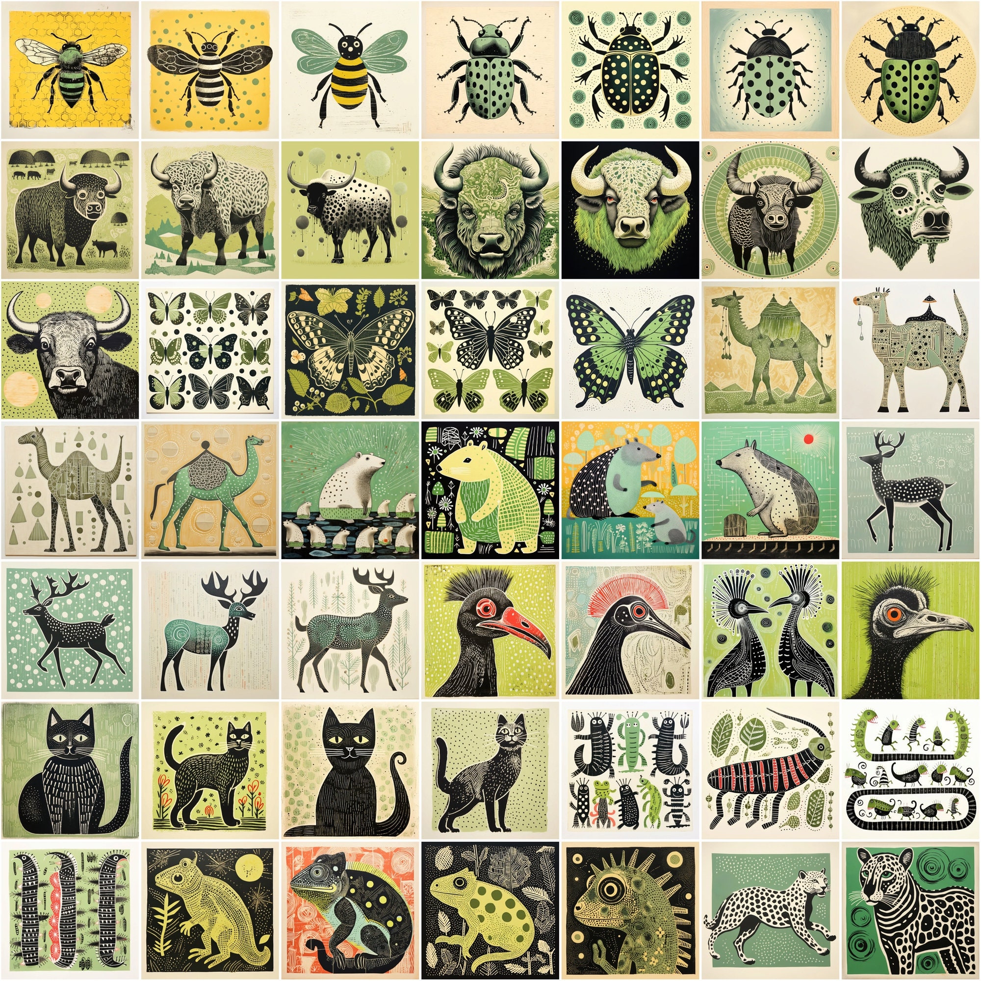 550 Stylized Animal Portraits, Green-themed Colorful Digital Artwork ...