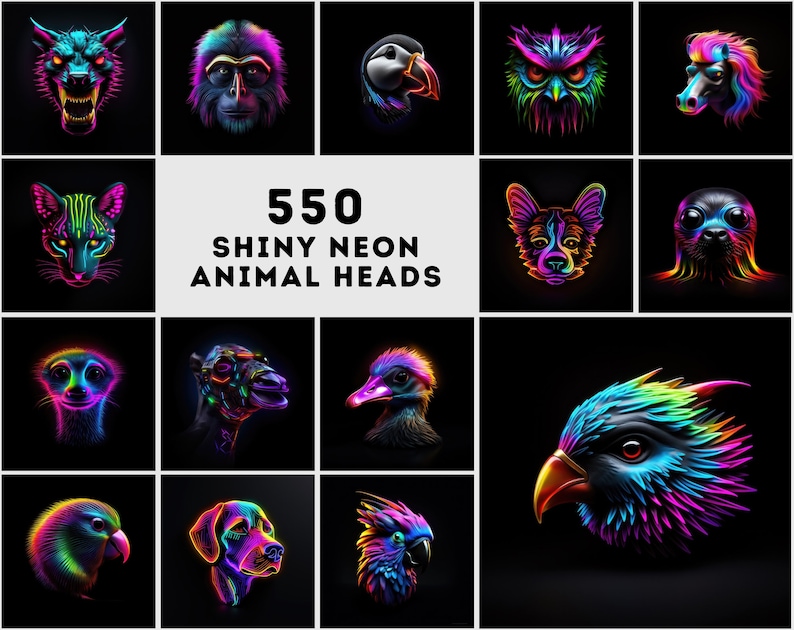 Neon Animal Heads Art: 550 Vibrant JPG Images (commercial License) - Etsy