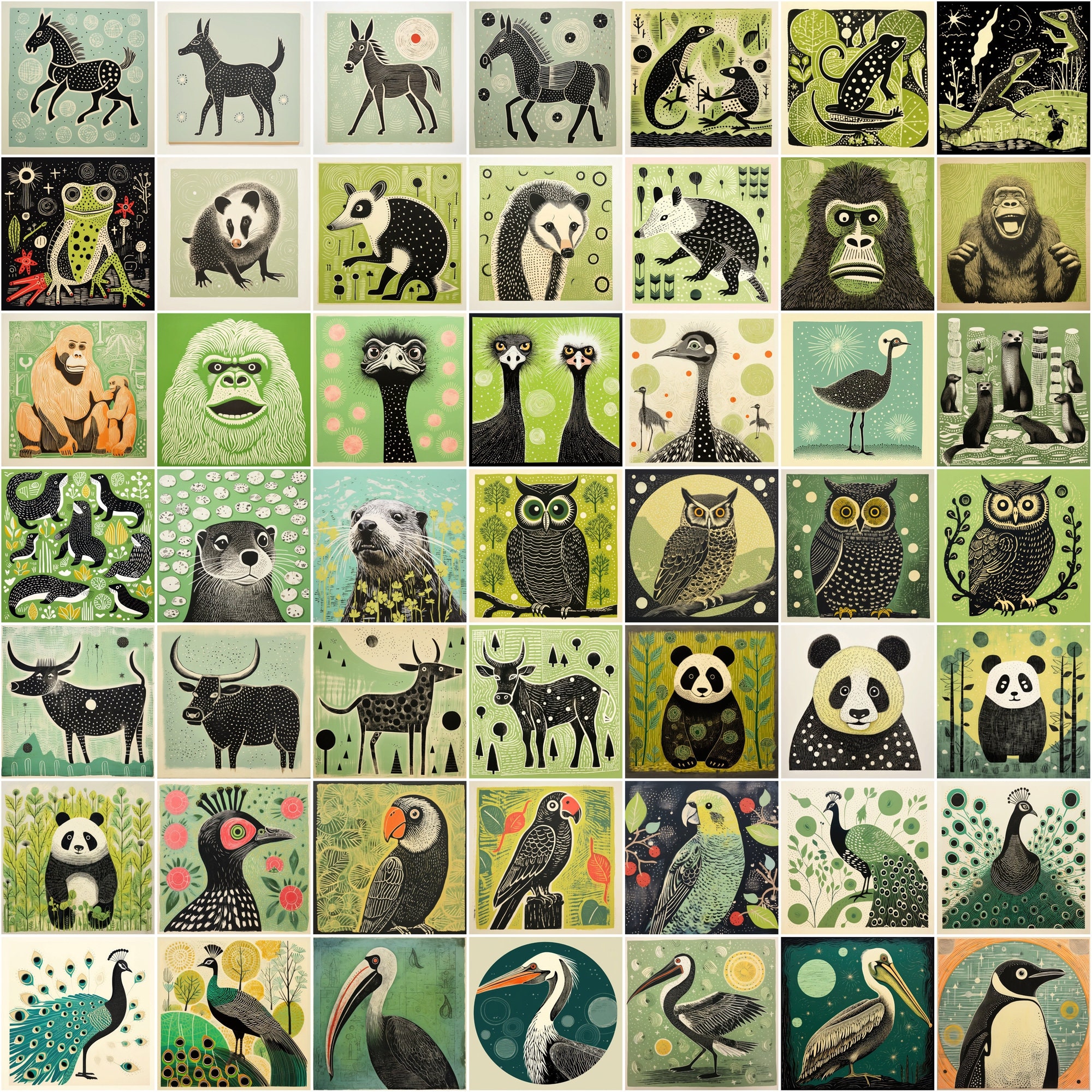 550 Stylized Animal Portraits, Green-themed Colorful Digital Artwork ...