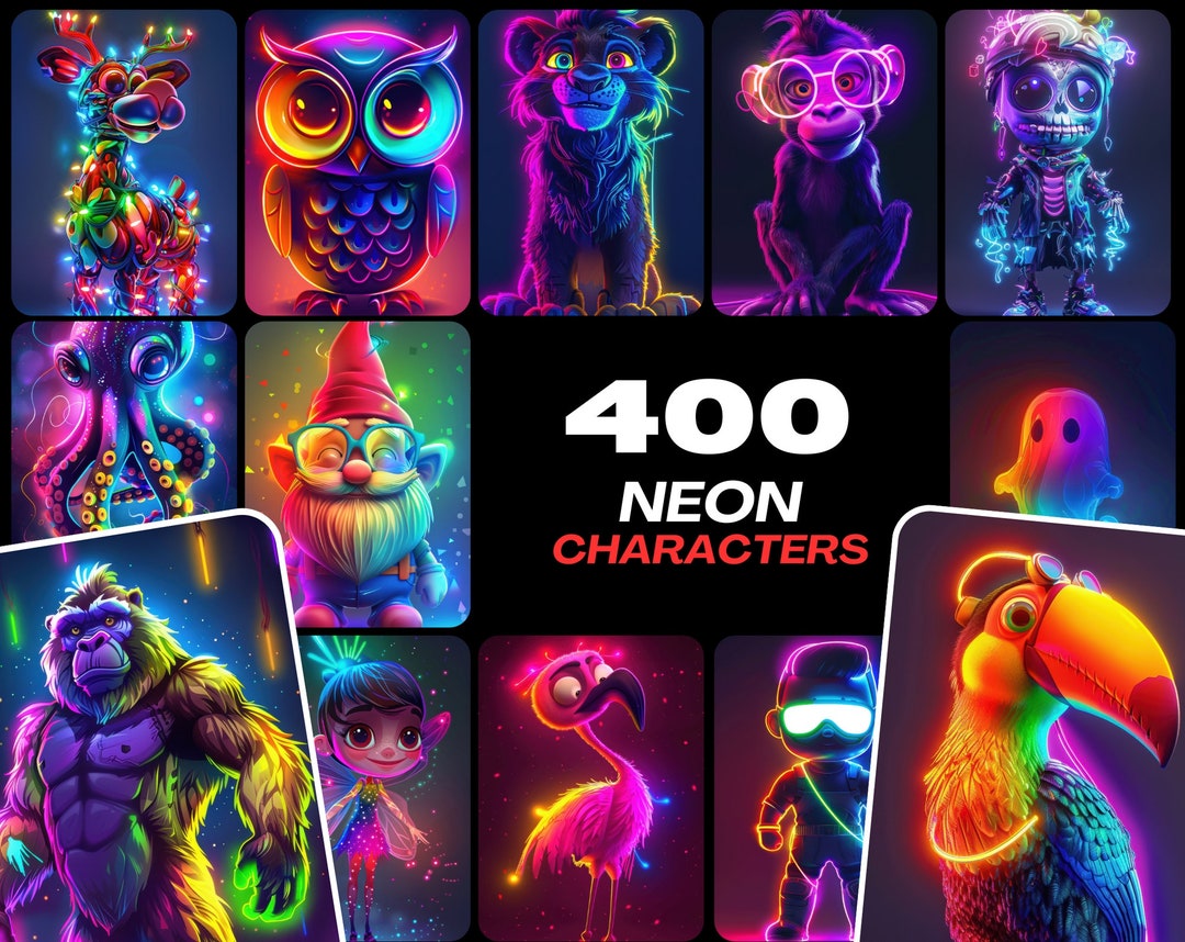 Neon Characters and Animals Collection - 400 Colorful JPG Images With ...