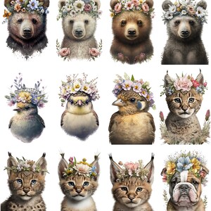 Floral-crowned Animals. Baby Room Wall Art. Transparent PNG Watercolor ...