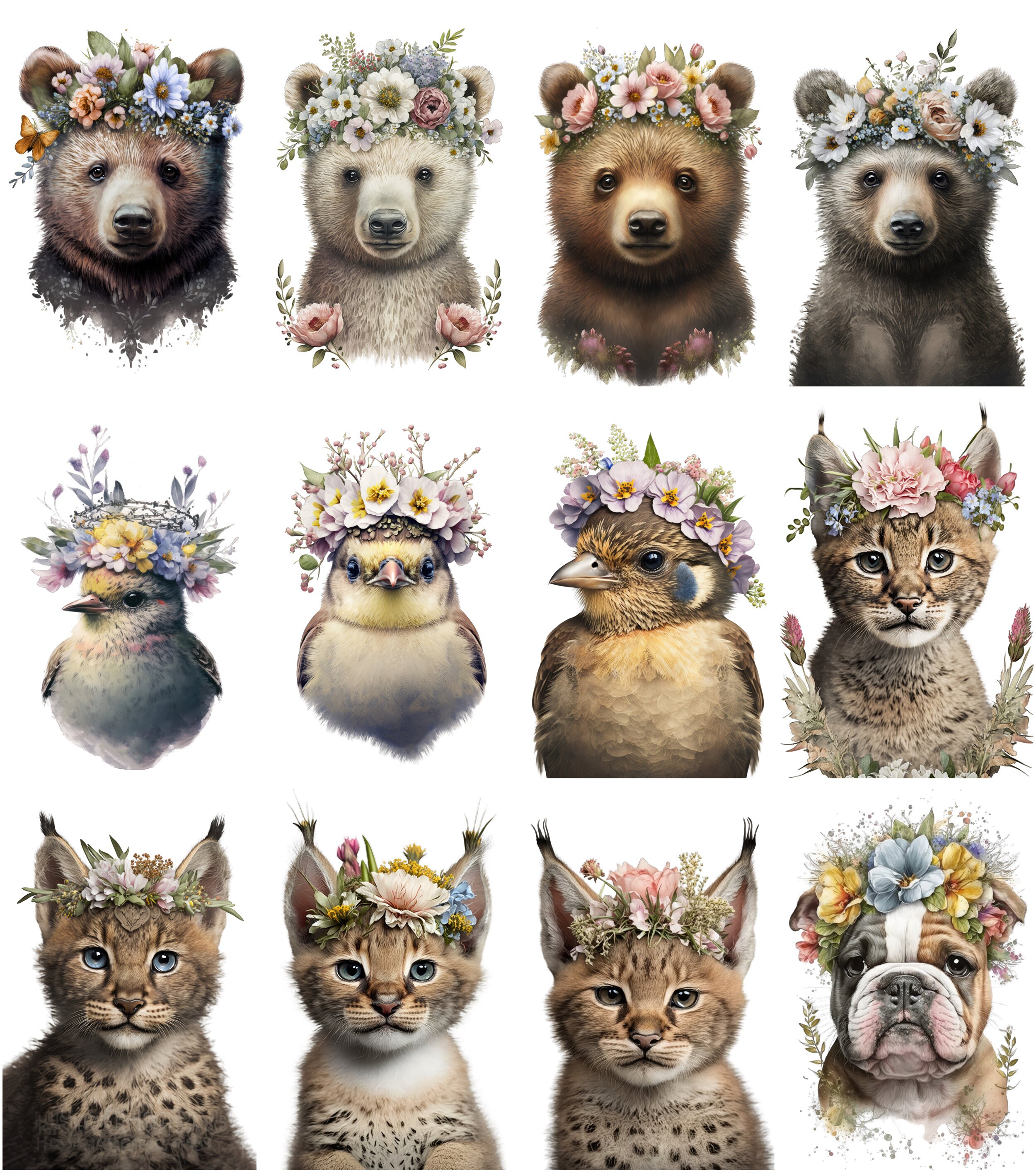 Floral-crowned Animals. Baby Room Wall Art. Transparent PNG - Etsy