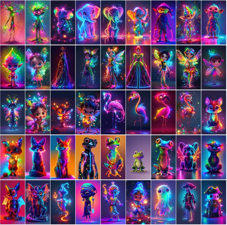 Neon Characters and Animals Collection 400 Colorful JPG Images With ...