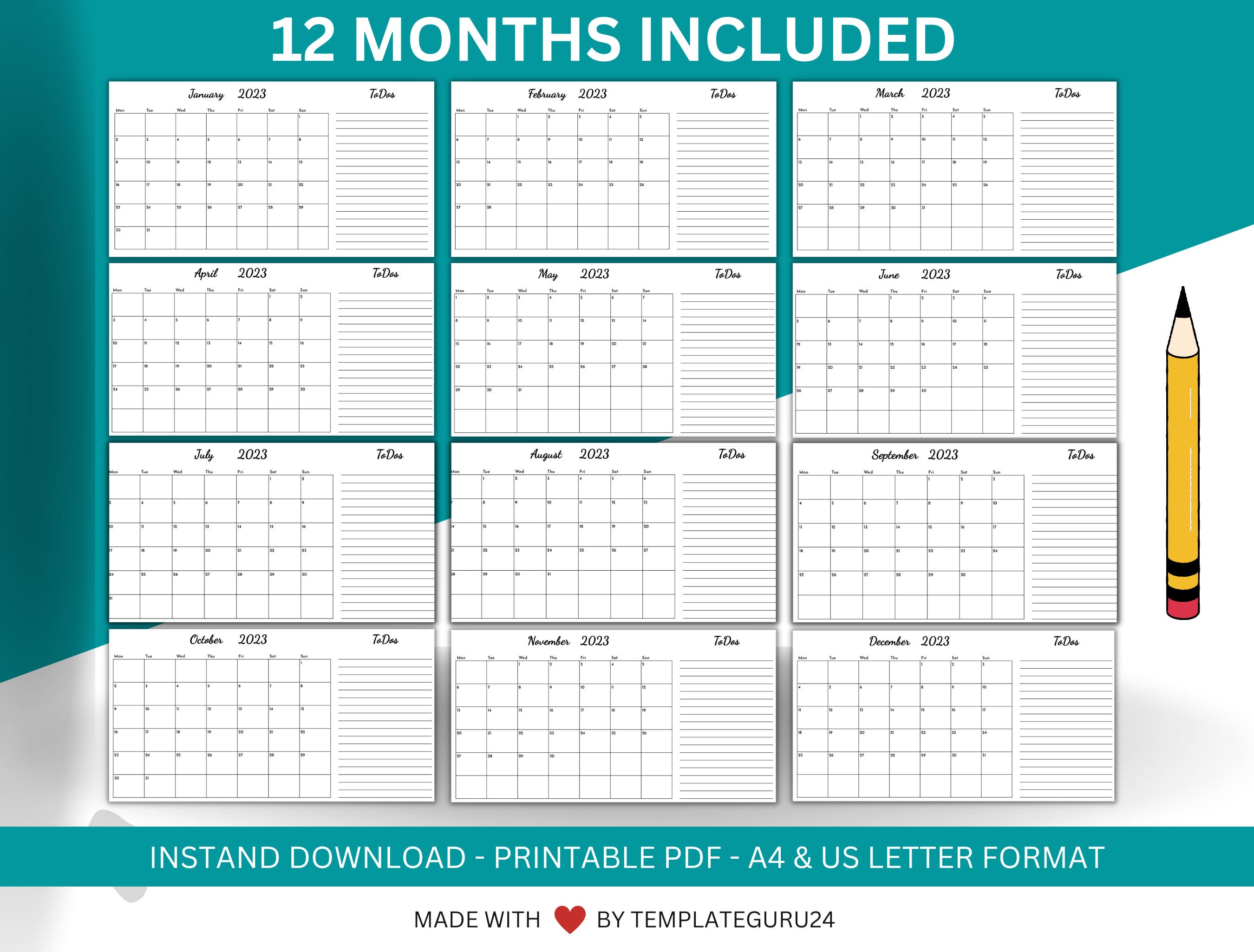 2023 Monthly Calendar With Notes & Todos, Printable Calendar Template ...