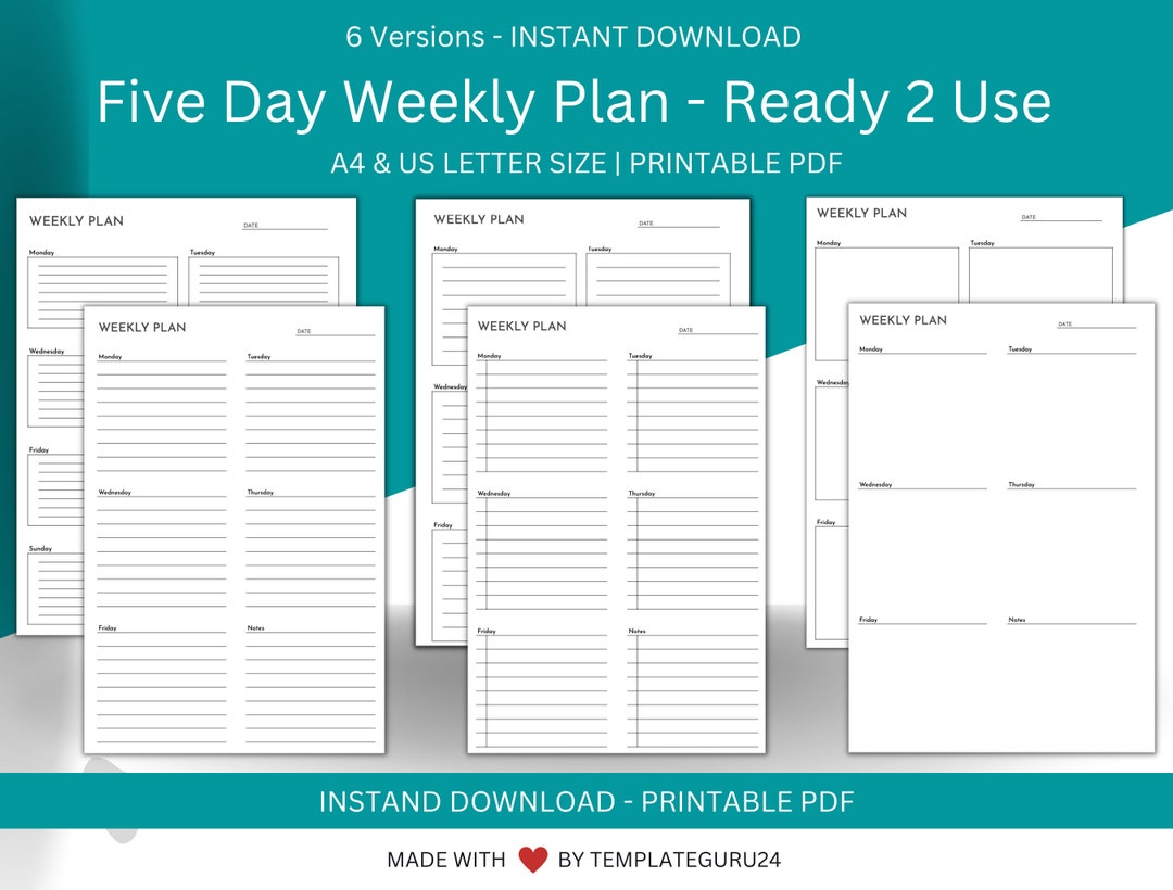 Five Day Weekly Planner | Printable | Student Planner | Weekly Planner ...