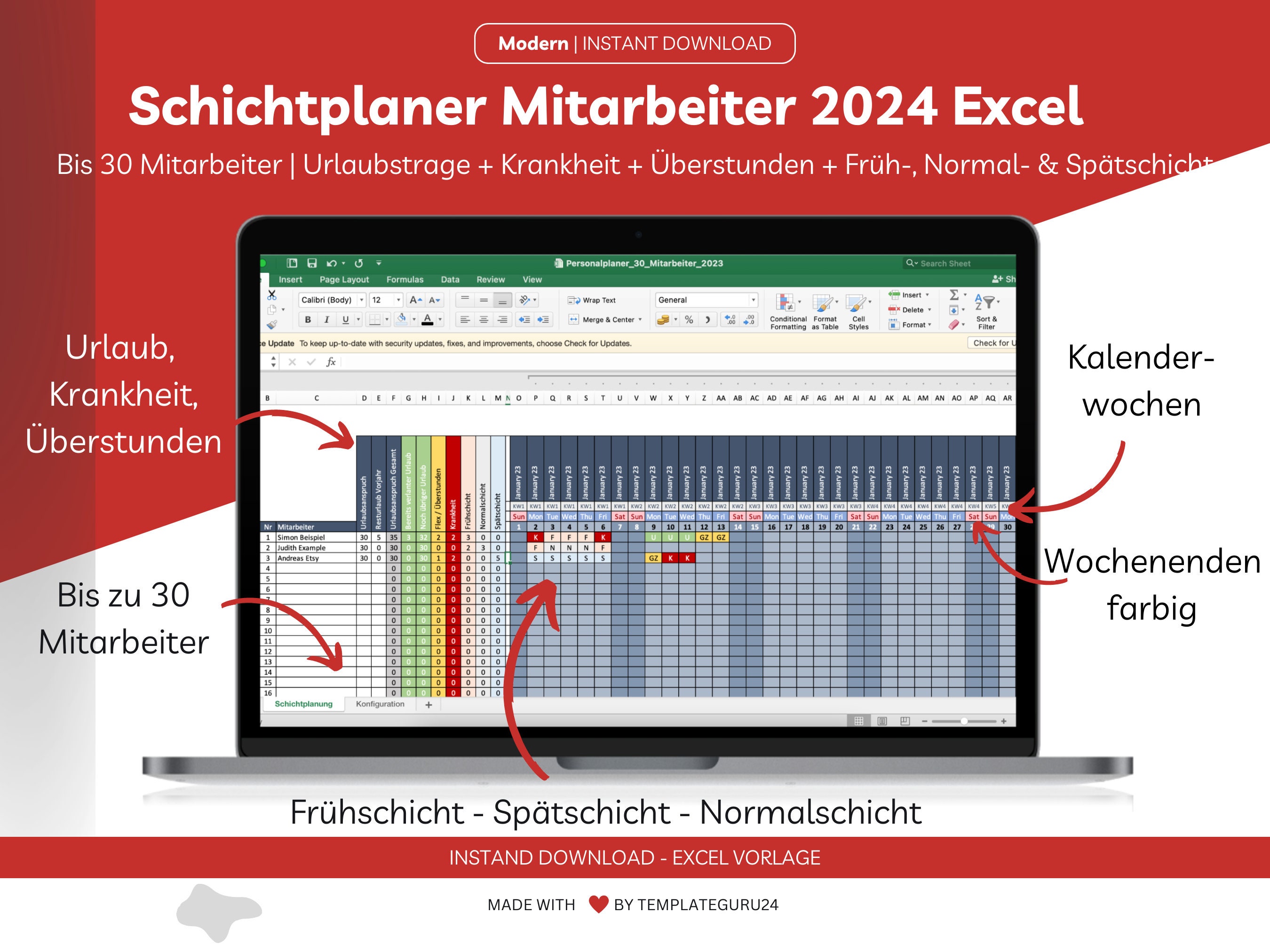 Shift Planner Excel Template for Employees 2024 Including Vacation Days ...