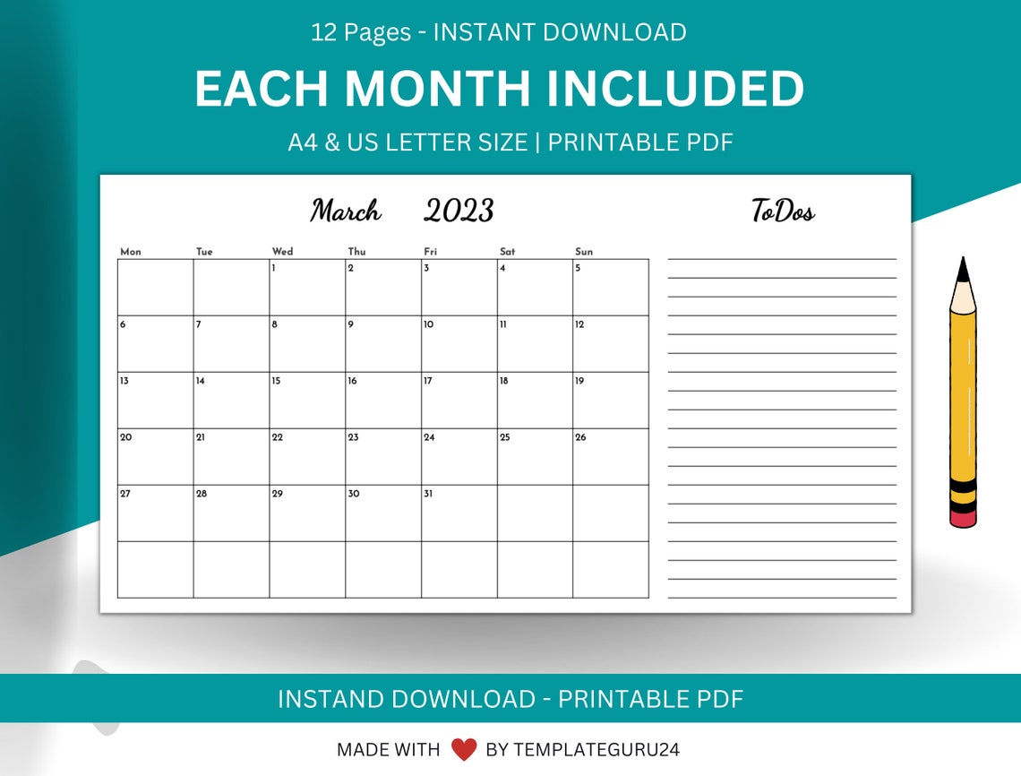 2023 Monthly Calendar With Notes & Todos, Printable Calendar Template ...