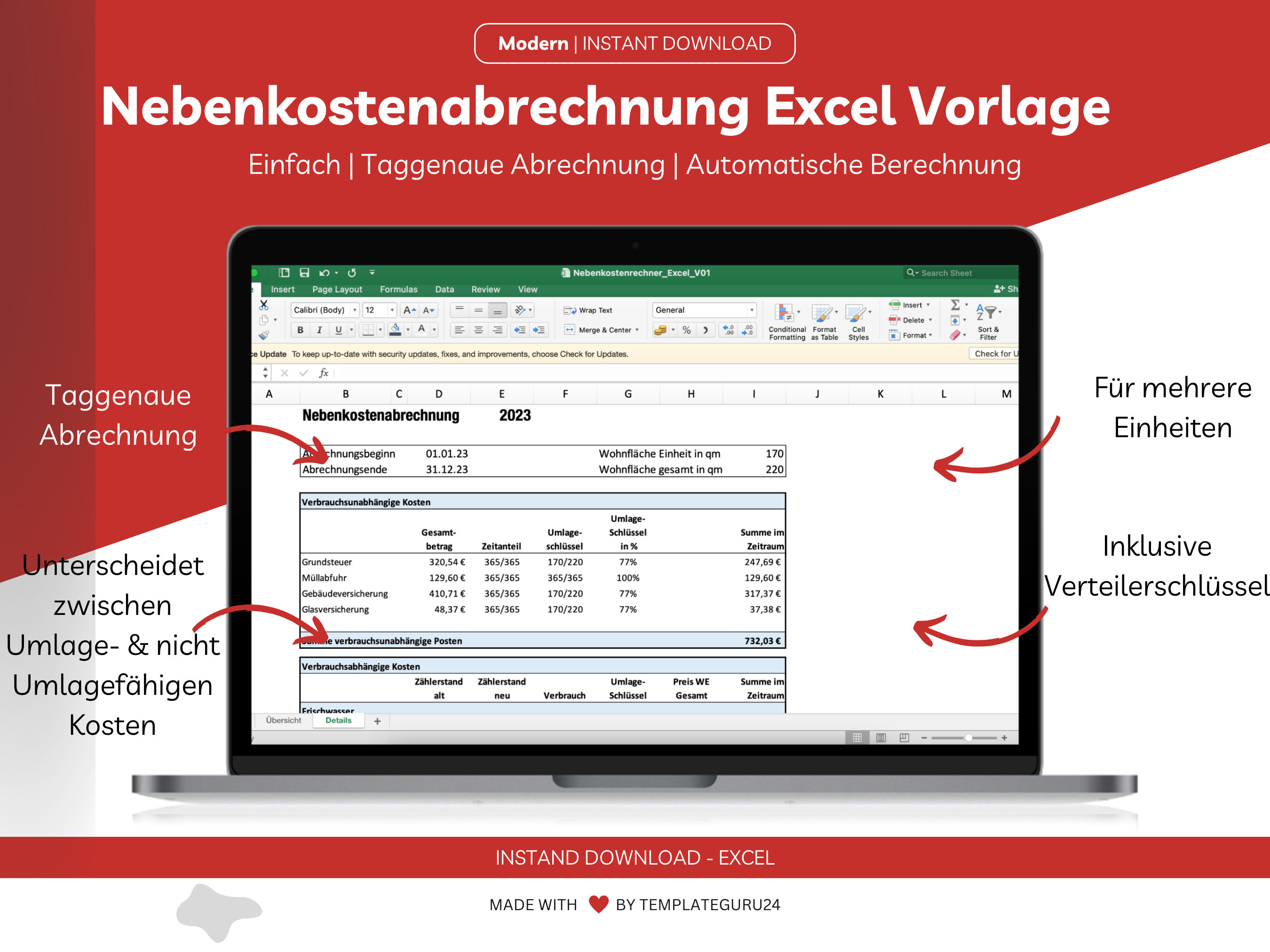 Einfache Nebenkostenabrechnung als Excel-Template. Für ein od. mehrere Einheiten ...