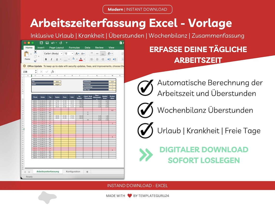 Arbeitszeiterfassung 2024 Excel-Vorlage zum Download. Super einfaches ...