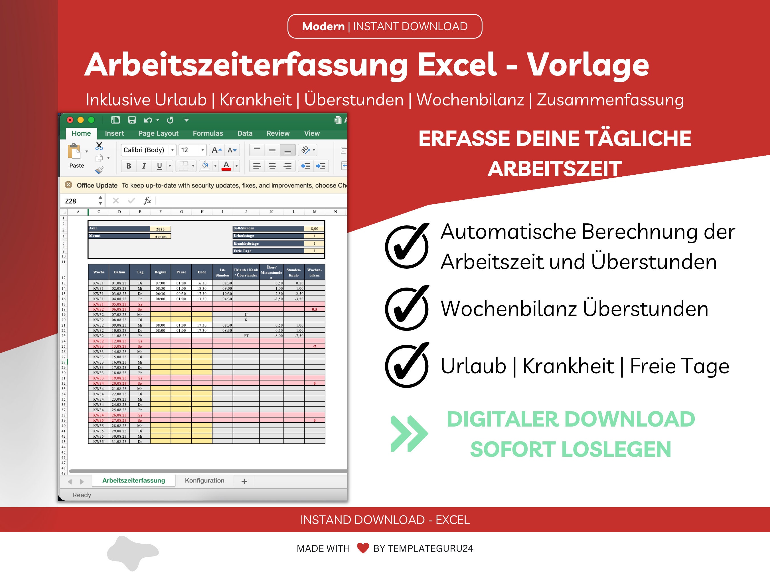 Arbeitszeiterfassung 2024 Excel-Vorlage zum Download. Super einfaches ... Arbeitszeiterfassung 2024 Excel-Vorlage zum Download. Super einfaches ...