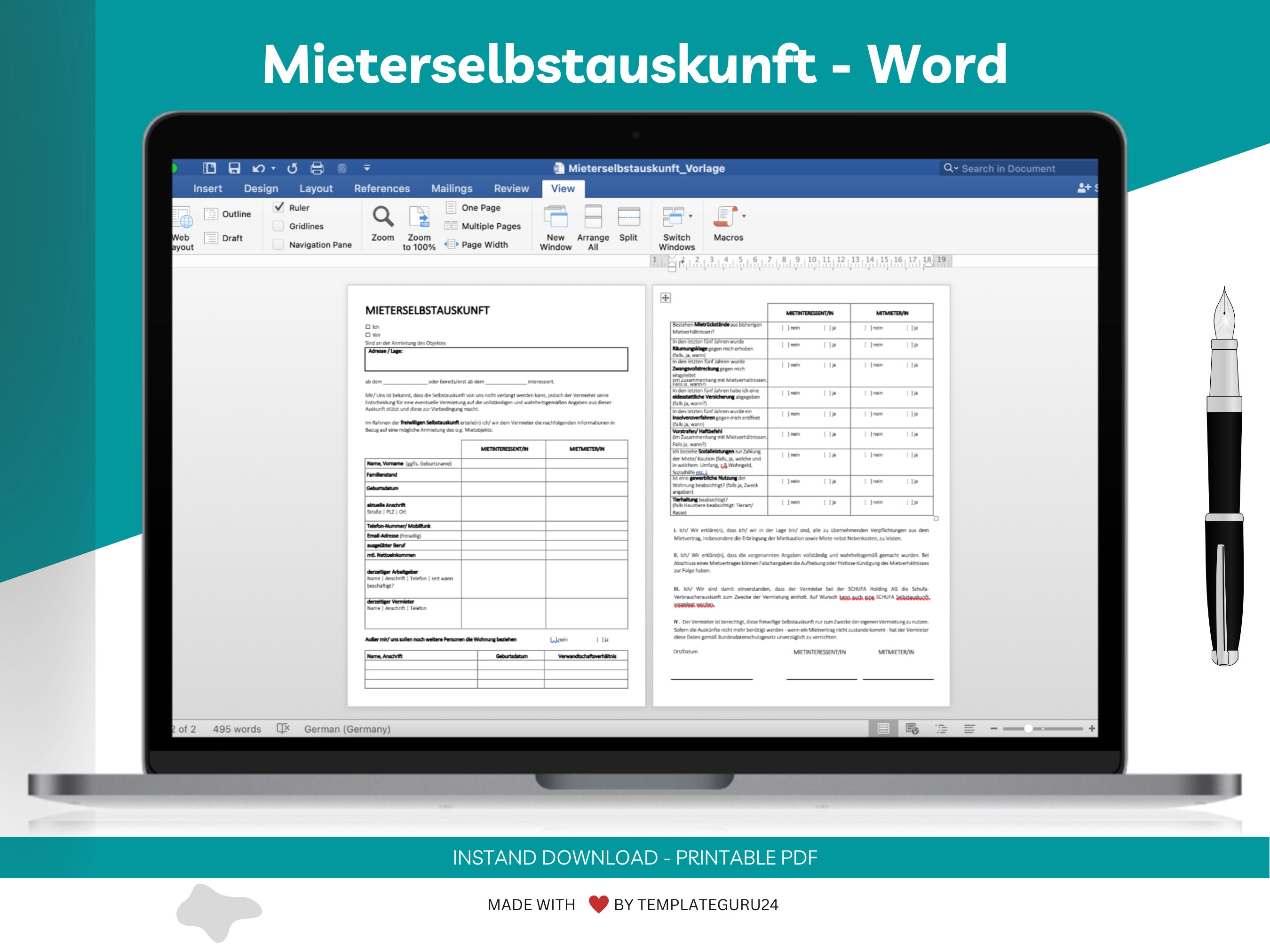 Tenant Self-disclosure Template Word German for Apartment Application ...