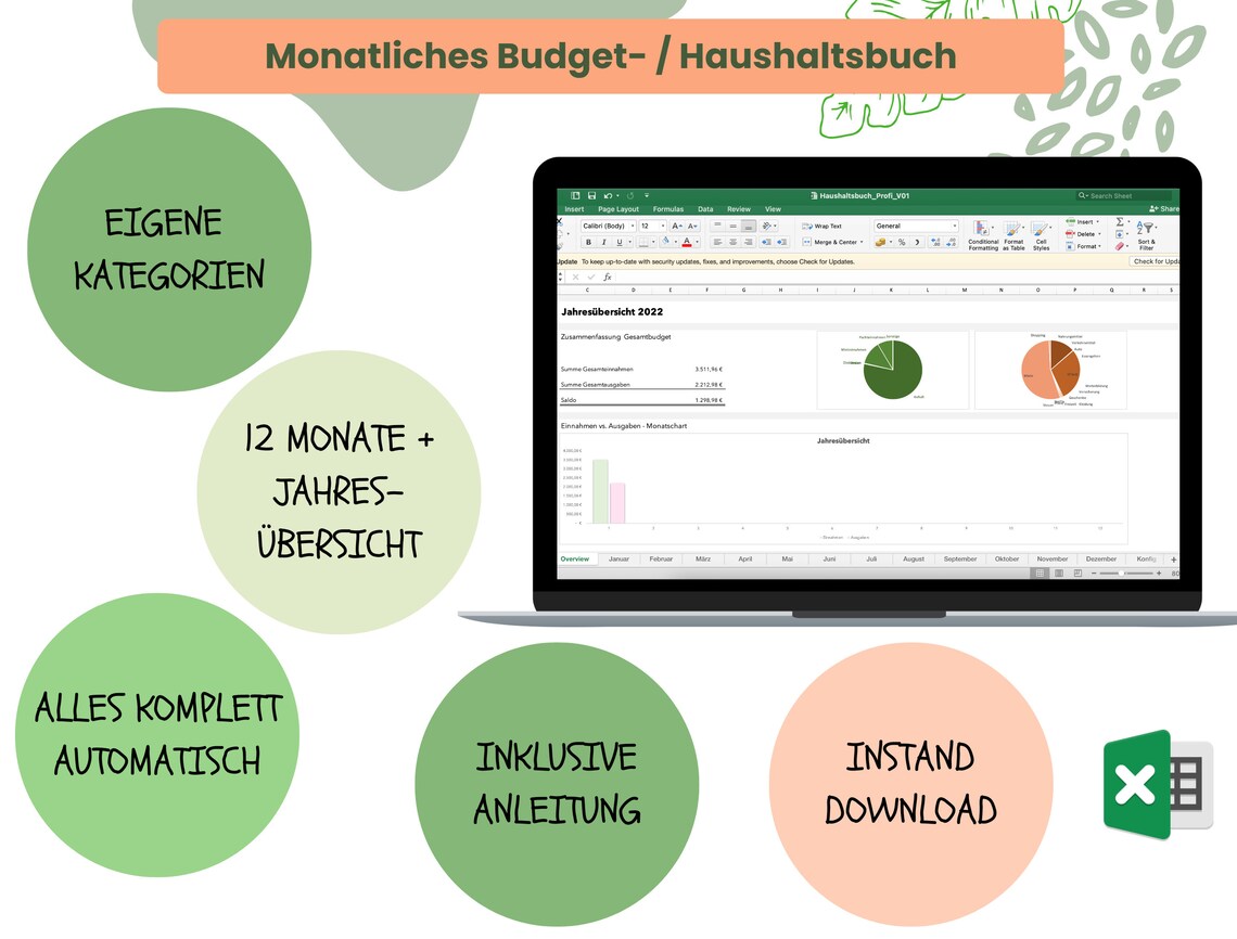 Haushaltsbuch Excel Vorlage bzw. Template Monatliches - Etsy.de