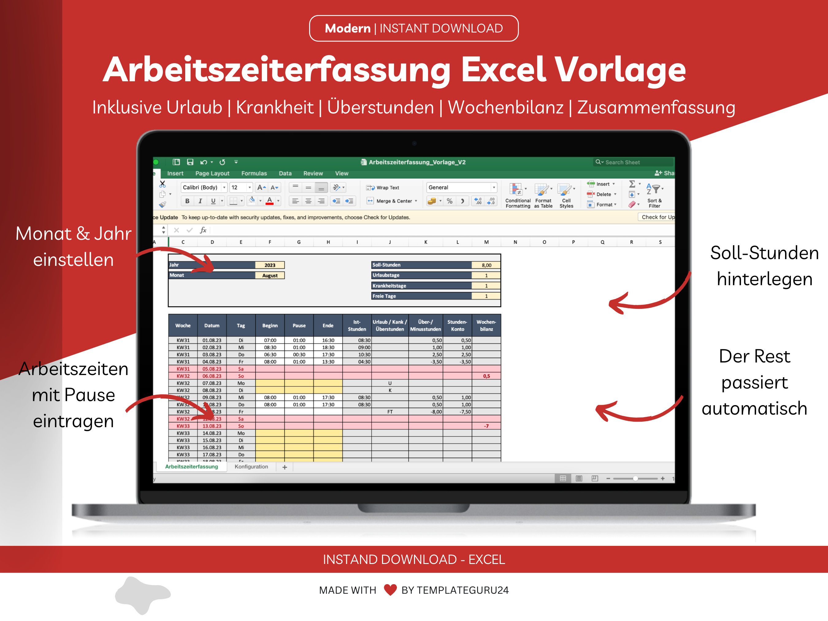 Arbeitszeiterfassung 2024 Excel-Vorlage zum Download. Super einfaches ... Arbeitszeiterfassung 2024 Excel-Vorlage zum Download. Super einfaches ...
