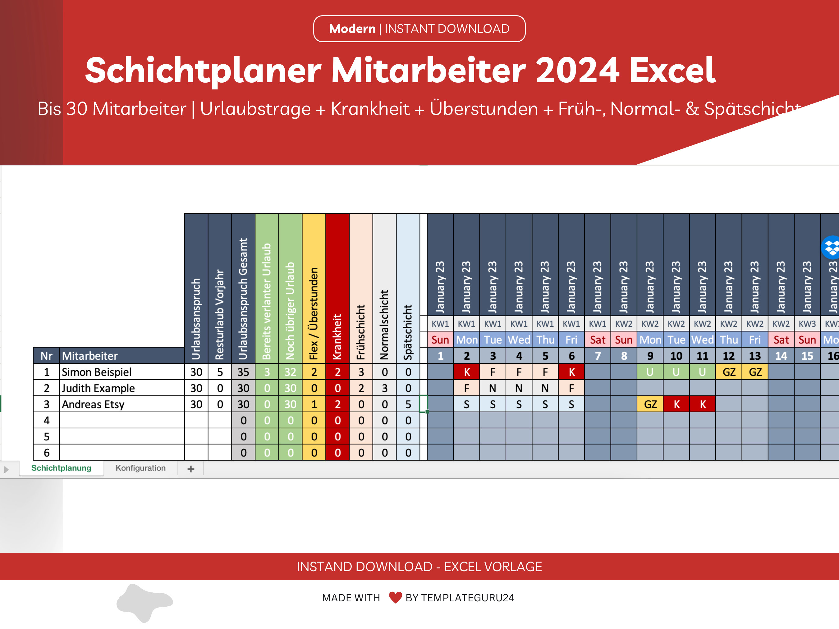 Shift Planner Excel Template for Employees 2024 Including Vacation Days ...