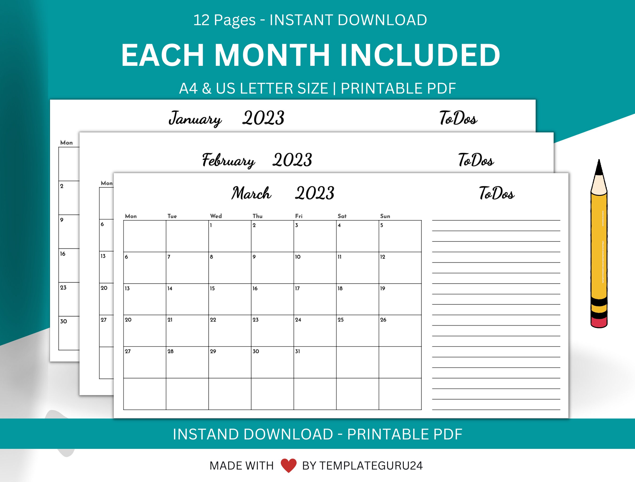 2023 Monthly Calendar With Notes & Todos, Printable Calendar Template ...