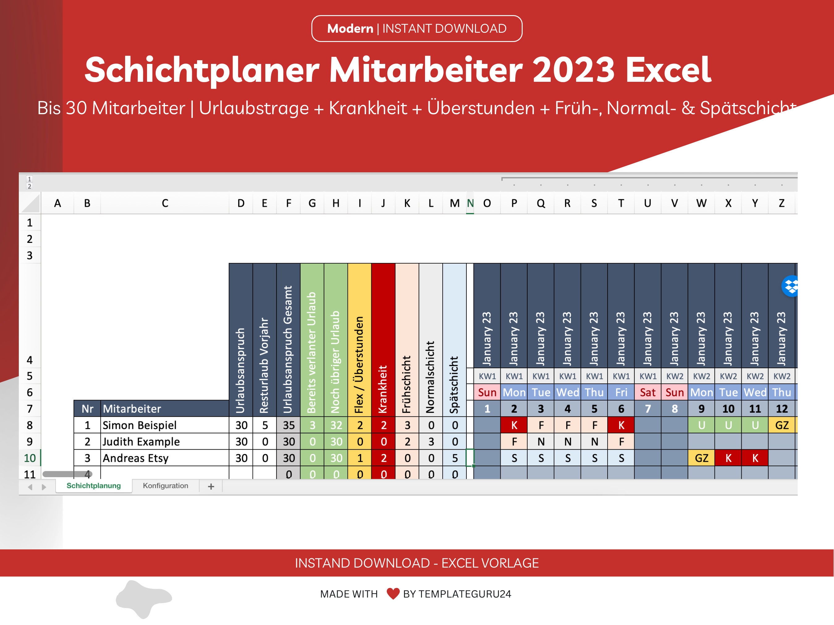 Shift Planner Excel Template for Employees 2023 Including Vacation Days ...