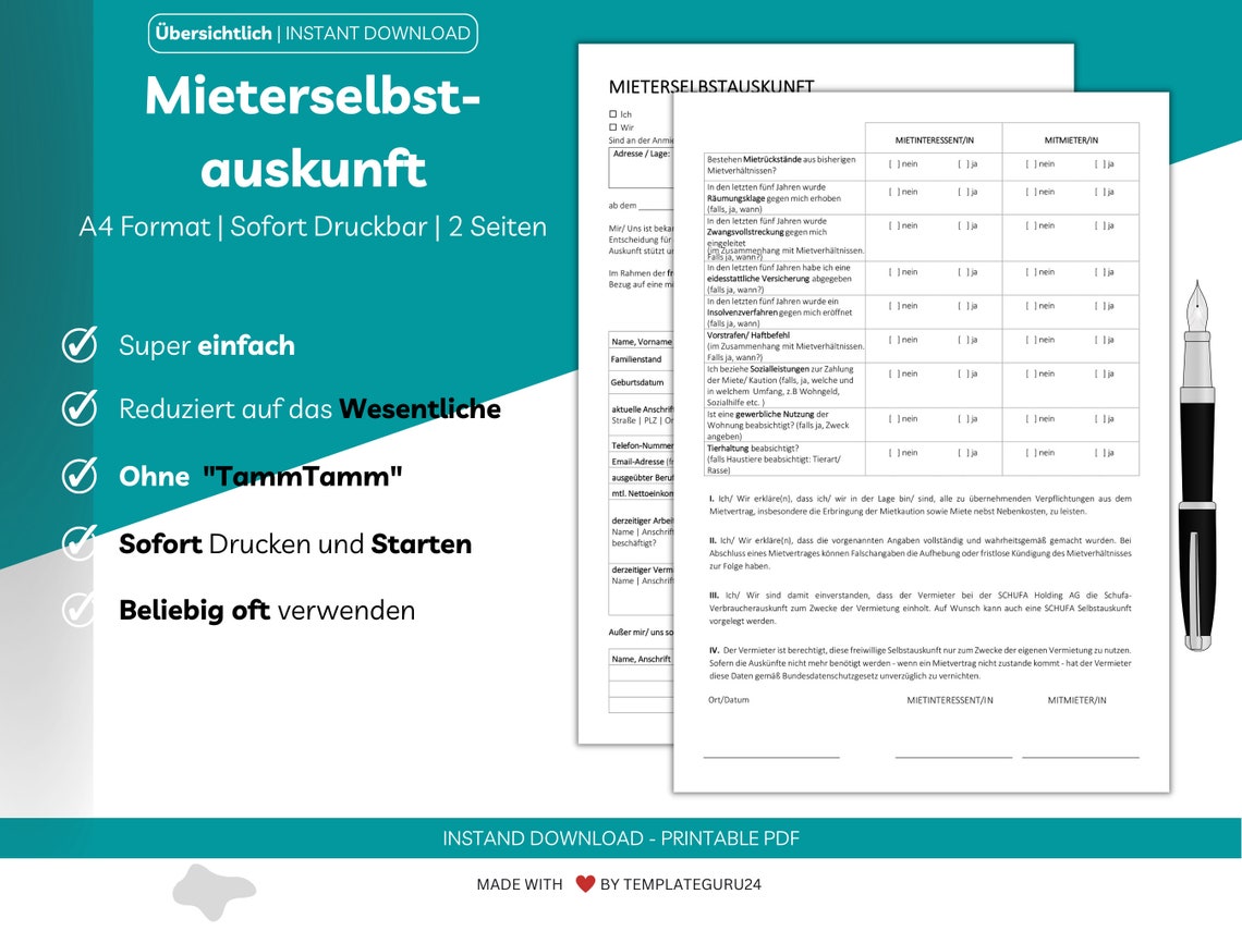 Tenant Self-assessment Template German for Apartment Application as PDF ...
