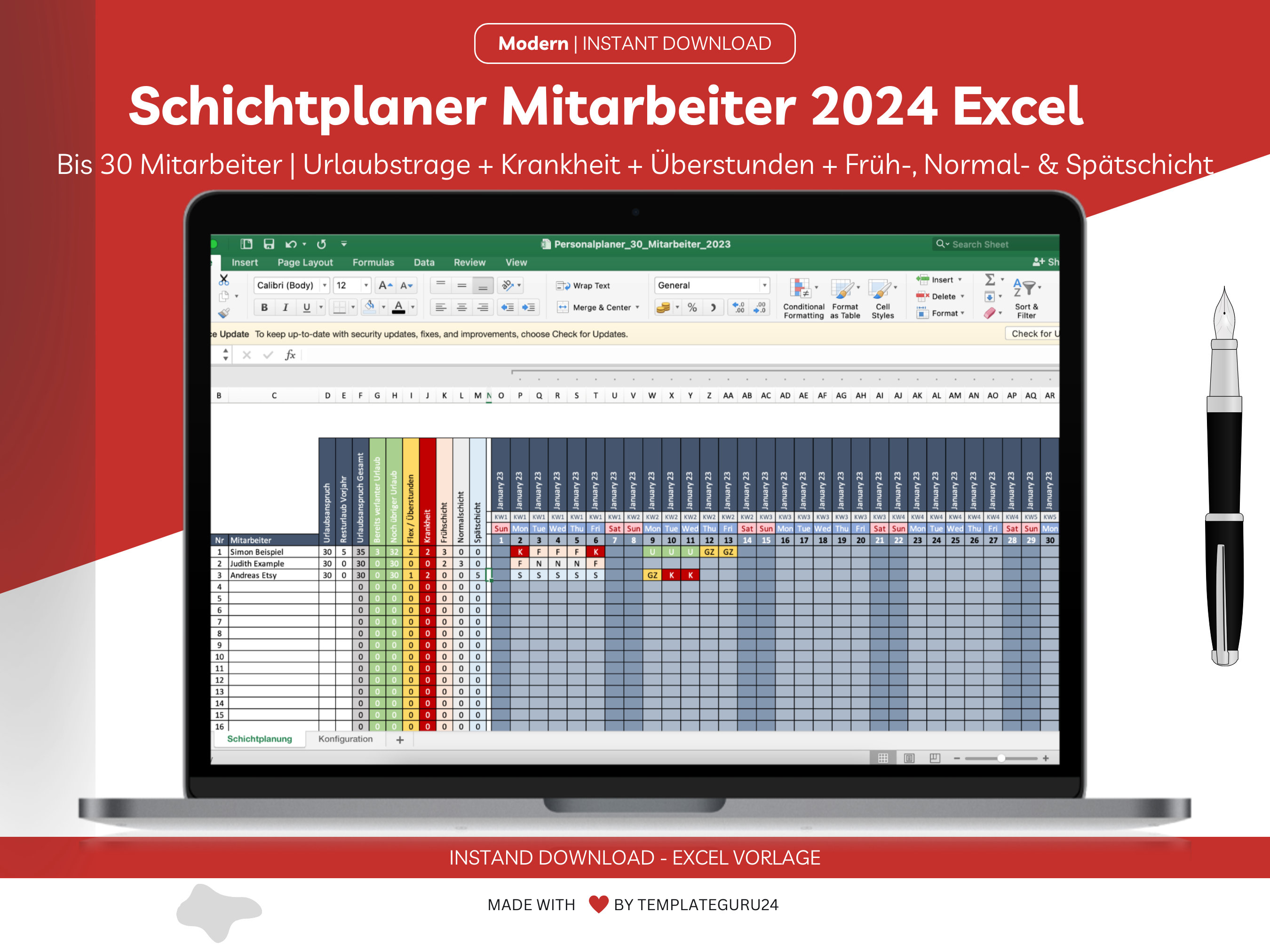 Shift Planner Excel Template for Employees 2024 Including Vacation Days ...