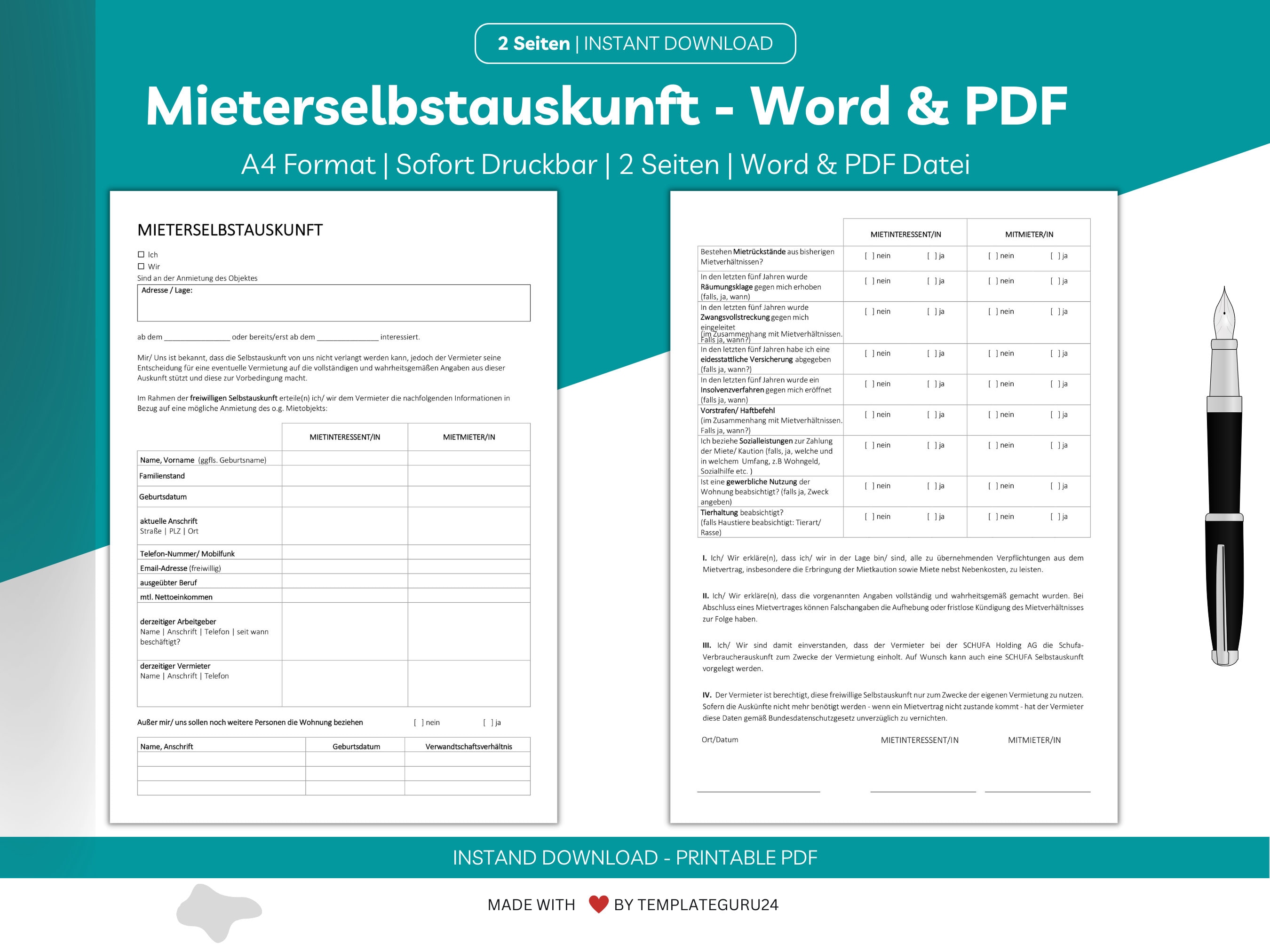 Tenant Self-disclosure Template Word German for Apartment Application ...