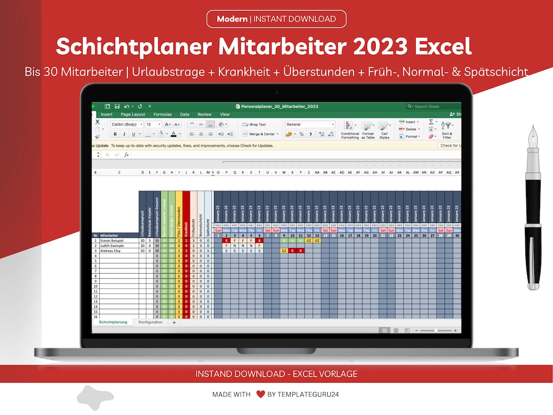 Shift Planner Excel Template for Employees 2023 Including Vacation Days ...